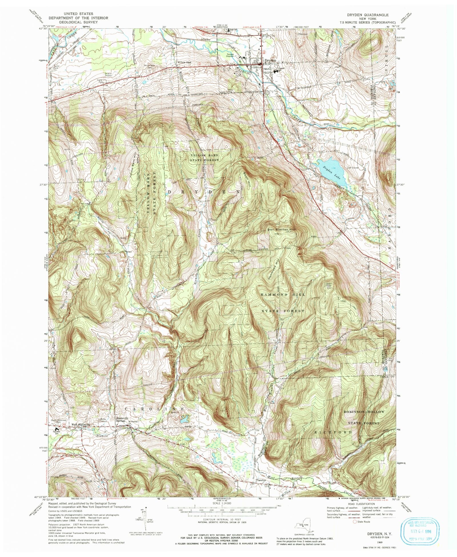 Classic USGS Dryden New York 7.5'x7.5' Topo Map – MyTopo Map Store