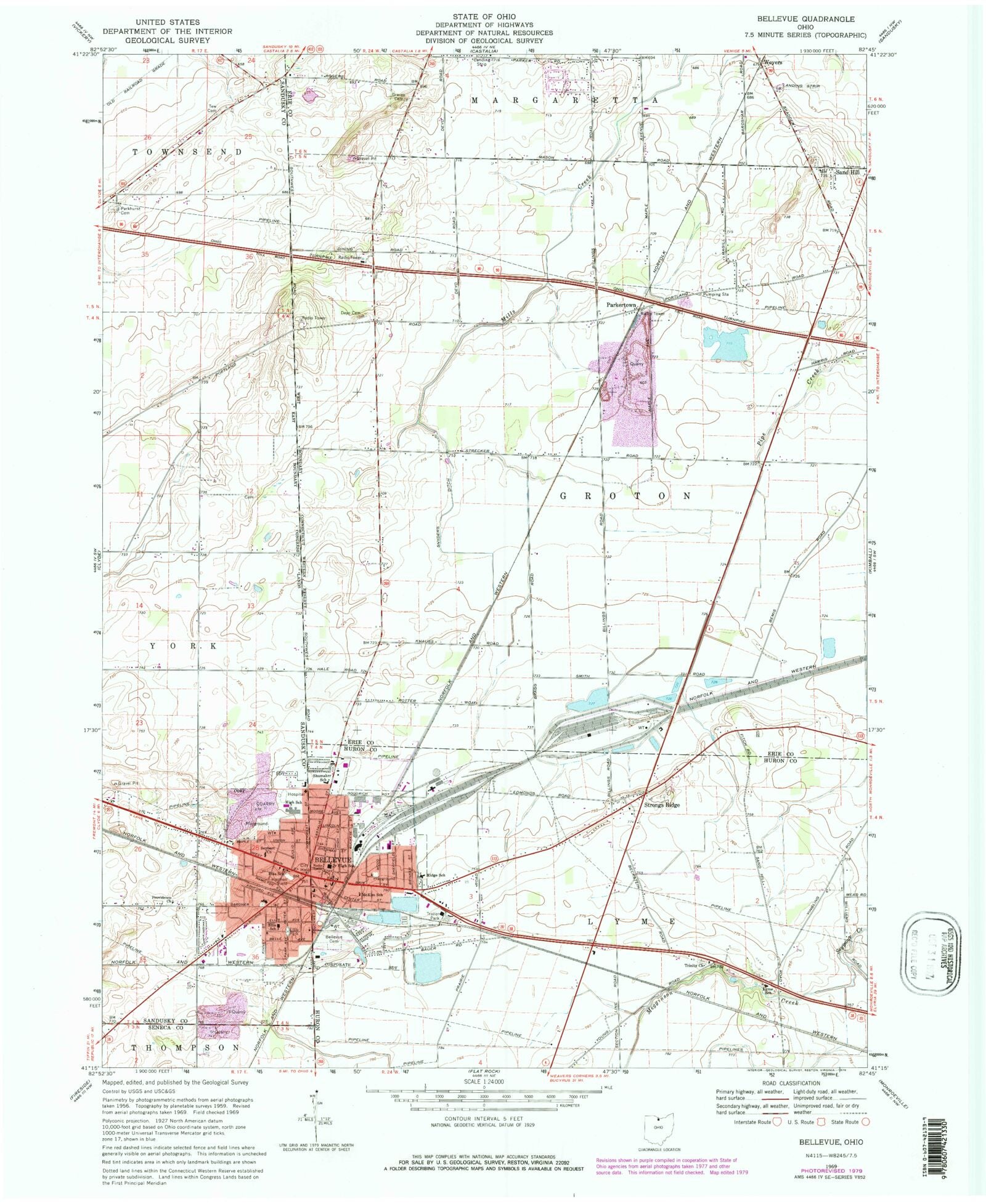Classic USGS Bellevue Ohio 7.5'x7.5' Topo Map – MyTopo Map Store