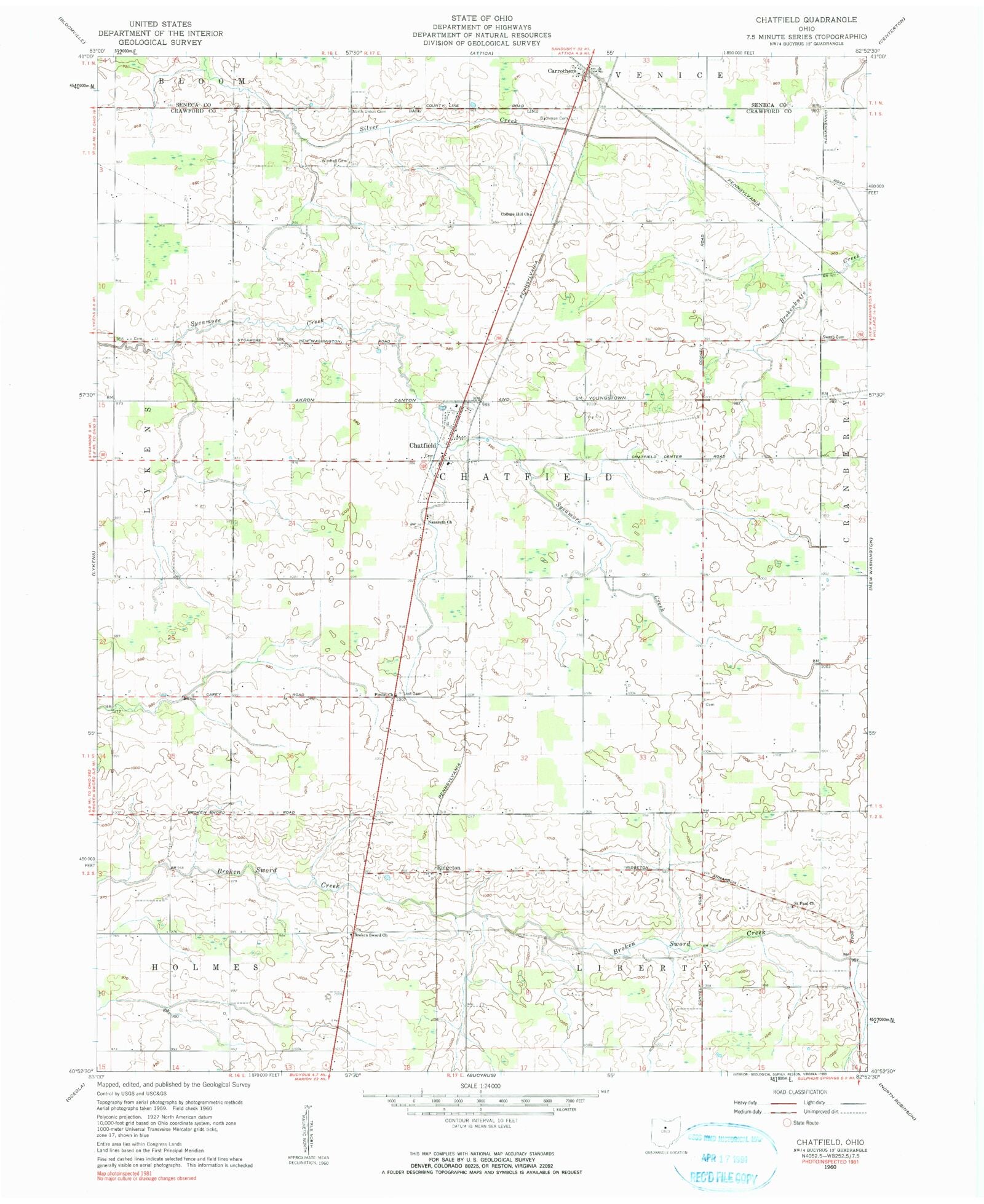 Classic USGS Chatfield Ohio 7.5'x7.5' Topo Map – MyTopo Map Store
