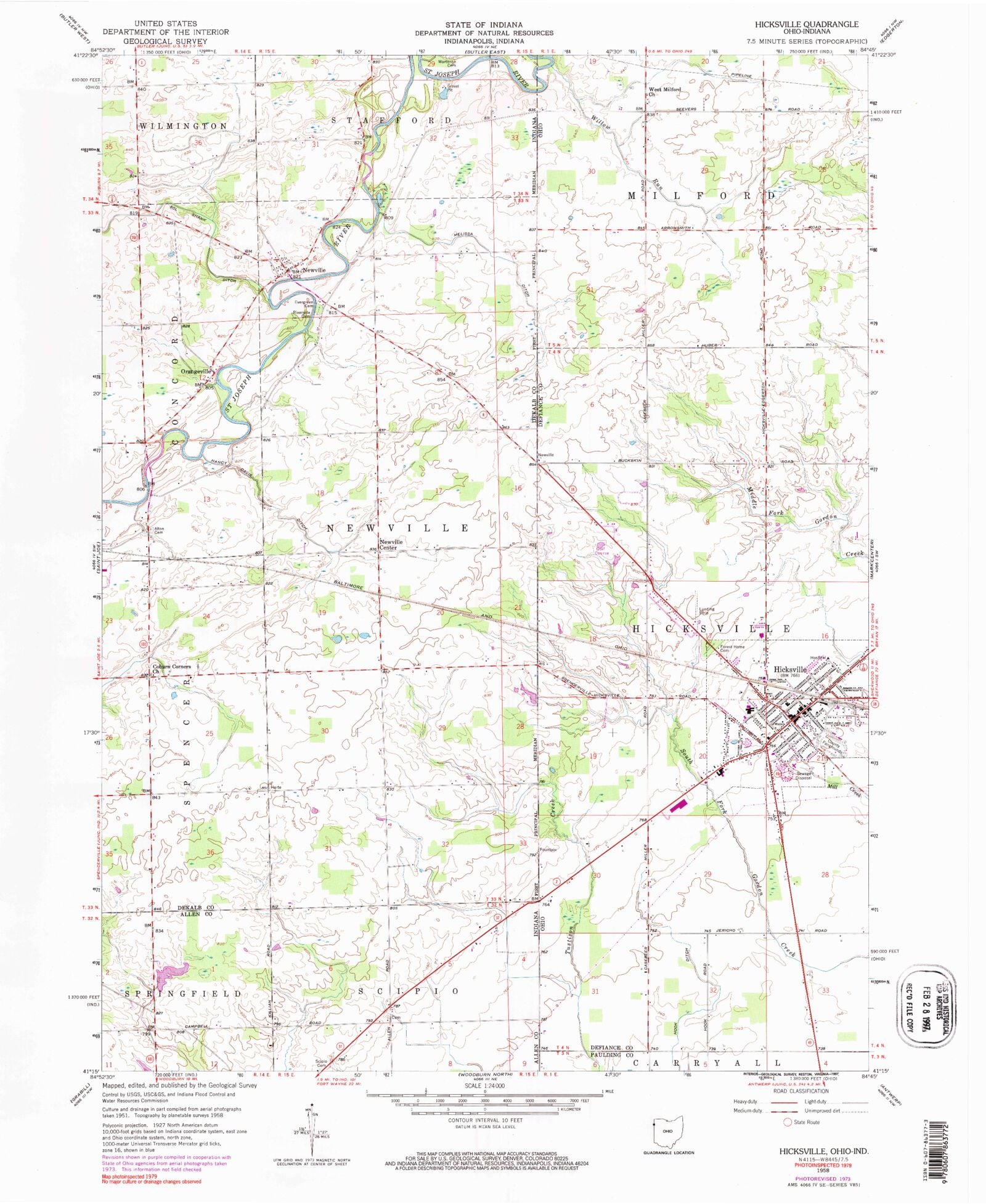 Classic USGS Hicksville Ohio 7.5'x7.5' Topo Map – MyTopo Map Store