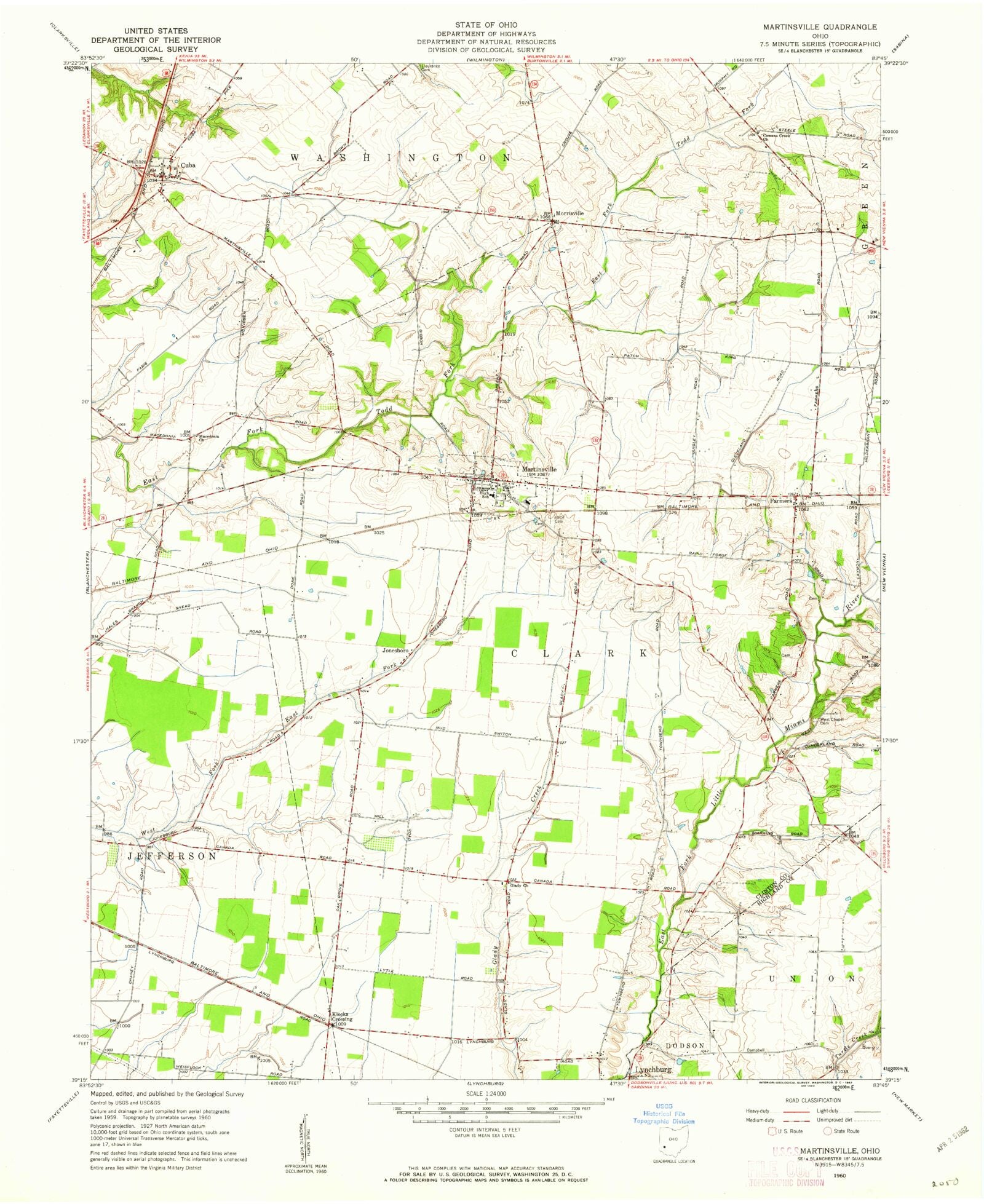 Classic USGS Martinsville Ohio 7.5'x7.5' Topo Map – MyTopo Map Store