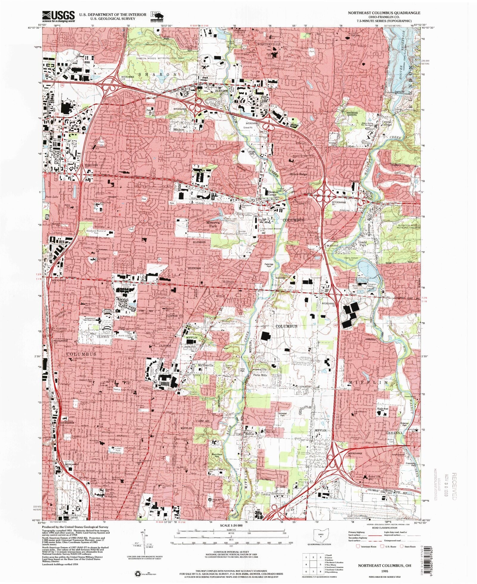 Classic USGS Northeast Columbus Ohio 7.5'x7.5' Topo Map – MyTopo Map Store