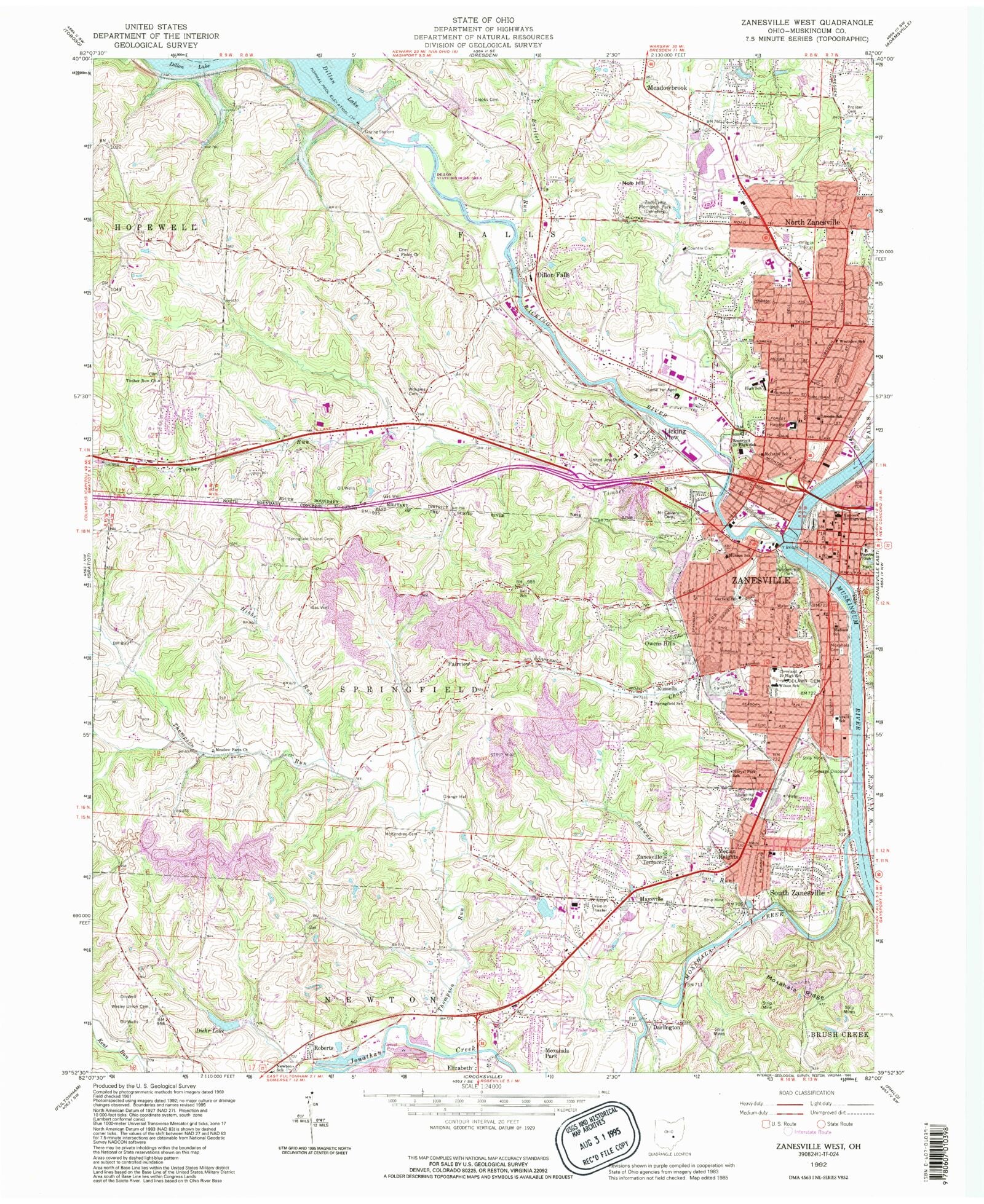 Classic USGS Zanesville West Ohio 7.5'x7.5' Topo Map – MyTopo Map Store
