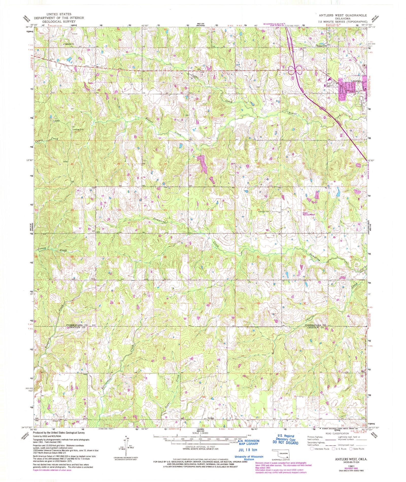 Classic USGS Antlers West Oklahoma 7.5'x7.5' Topo Map – MyTopo Map Store