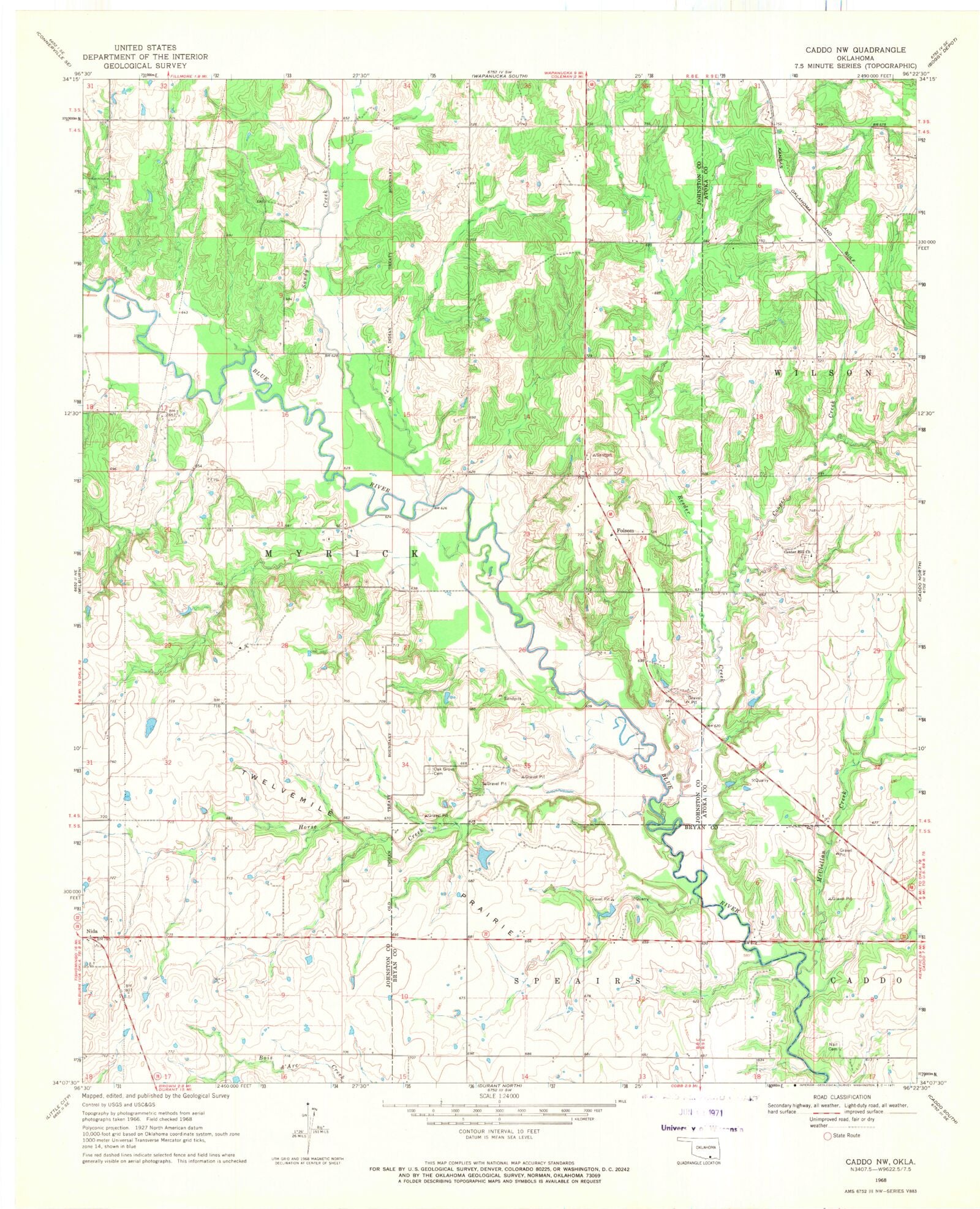 Classic USGS Caddo NW Oklahoma 7.5'x7.5' Topo Map – MyTopo Map Store
