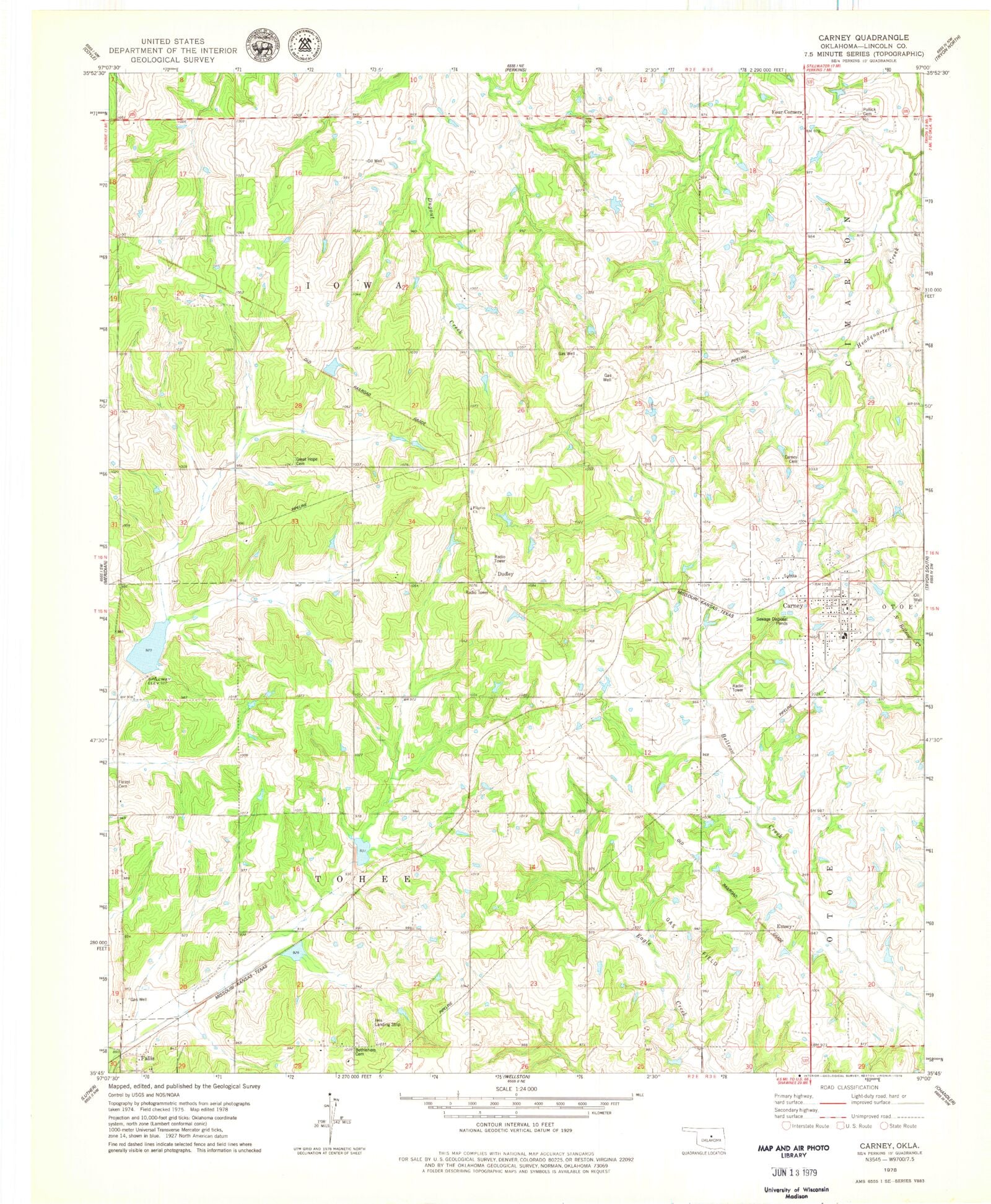 Classic USGS Carney Oklahoma 7.5'x7.5' Topo Map – MyTopo Map Store