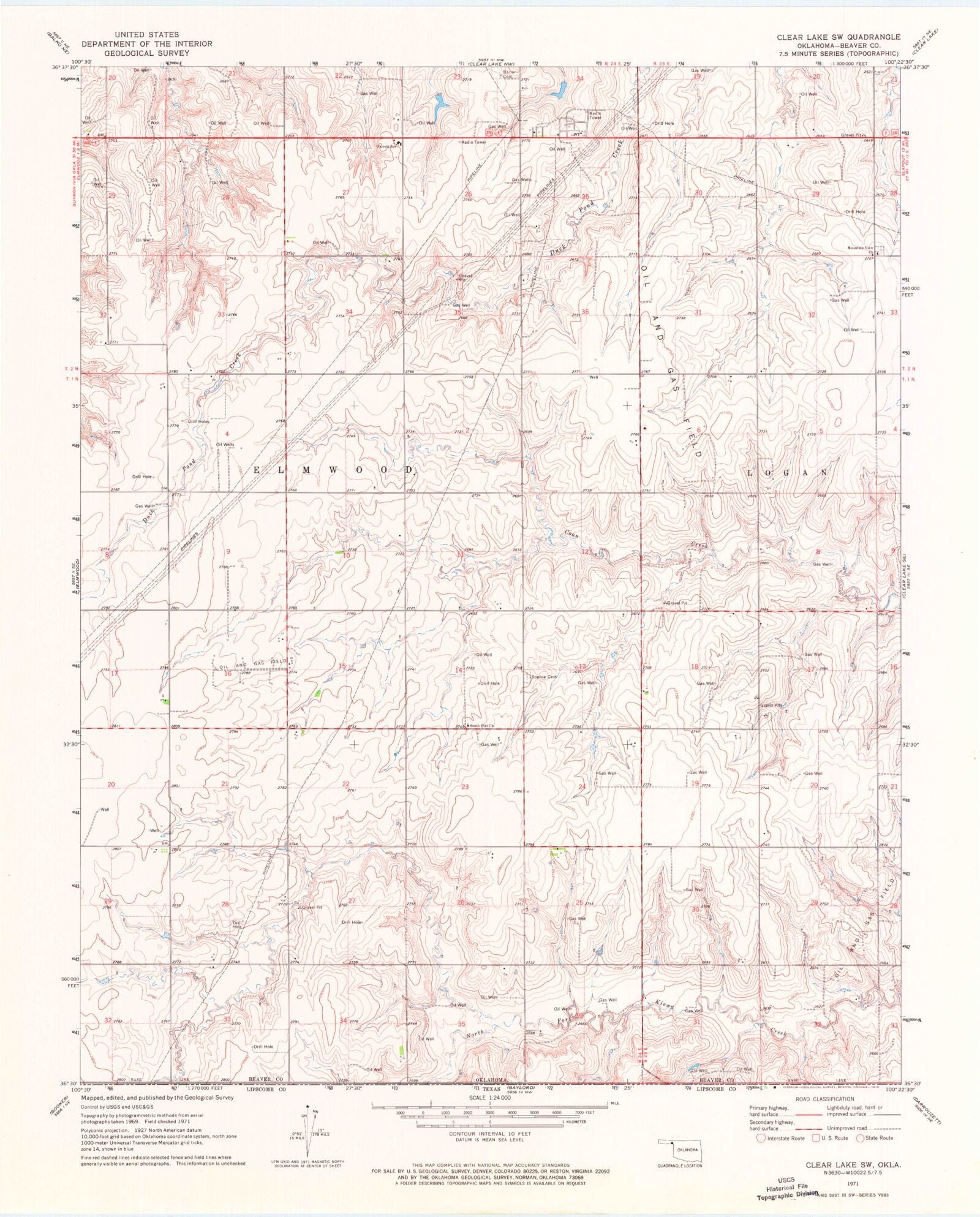 Classic USGS Clear Lake SW Oklahoma 7.5'x7.5' Topo Map – MyTopo Map Store