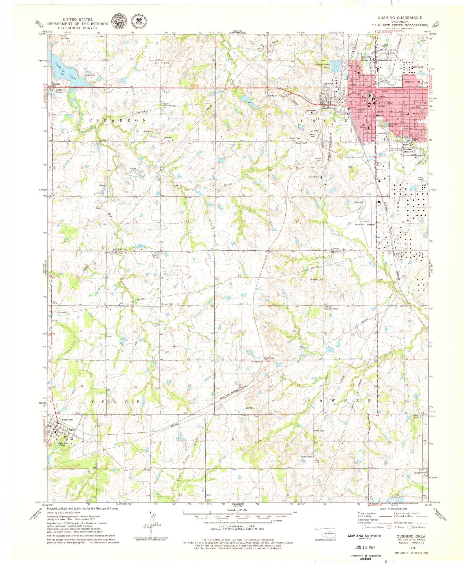 Classic USGS Cushing Oklahoma 7.5'x7.5' Topo Map – MyTopo Map Store