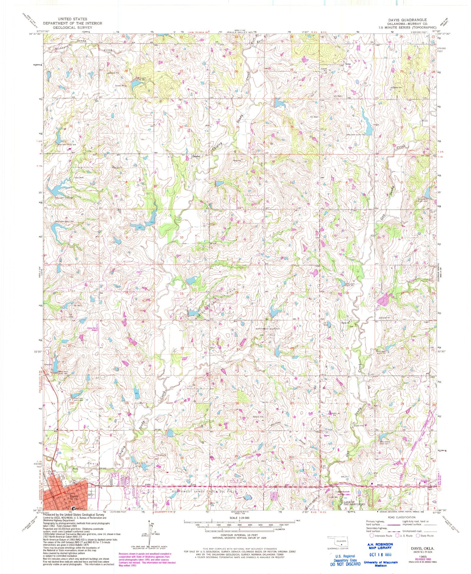 Classic USGS Davis Oklahoma 7.5'x7.5' Topo Map – MyTopo Map Store