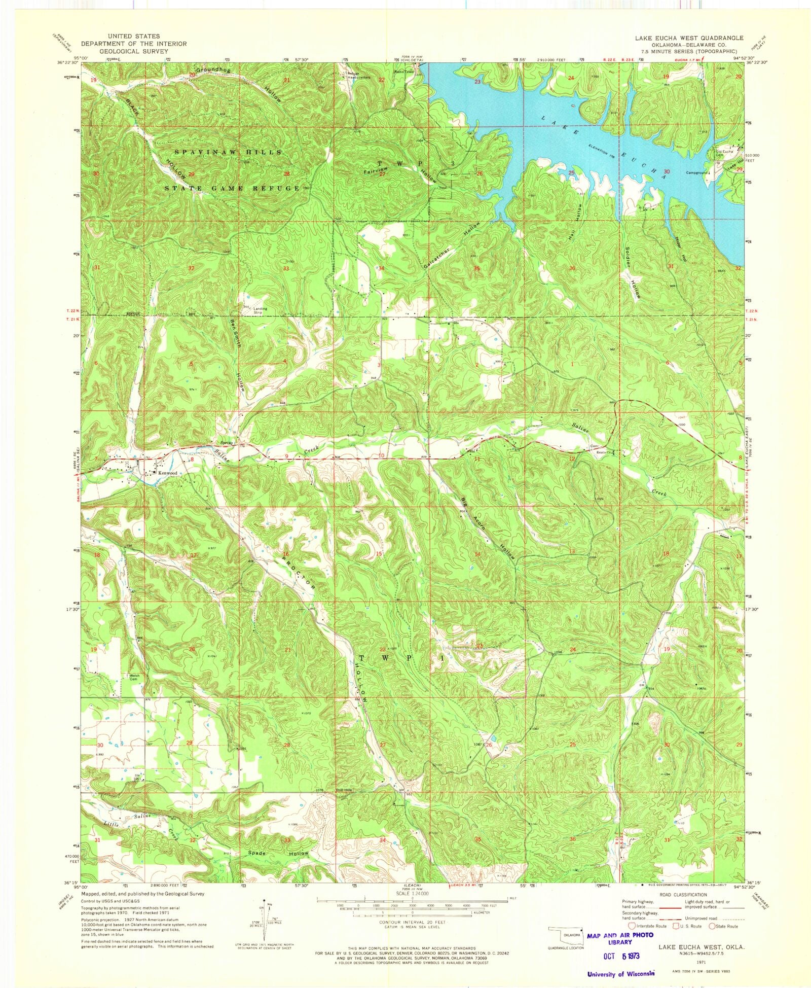 Classic USGS Lake Eucha West Oklahoma 7.5'x7.5' Topo Map – MyTopo Map Store