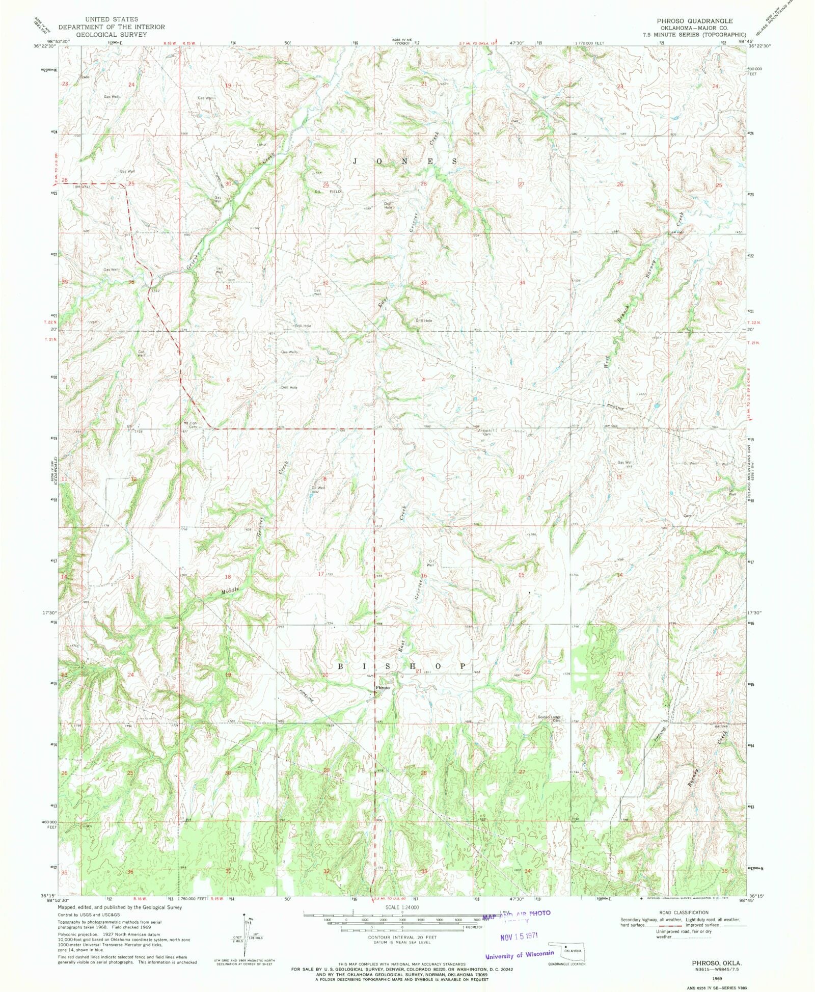 Classic USGS Phroso Oklahoma 7.5'x7.5' Topo Map – MyTopo Map Store