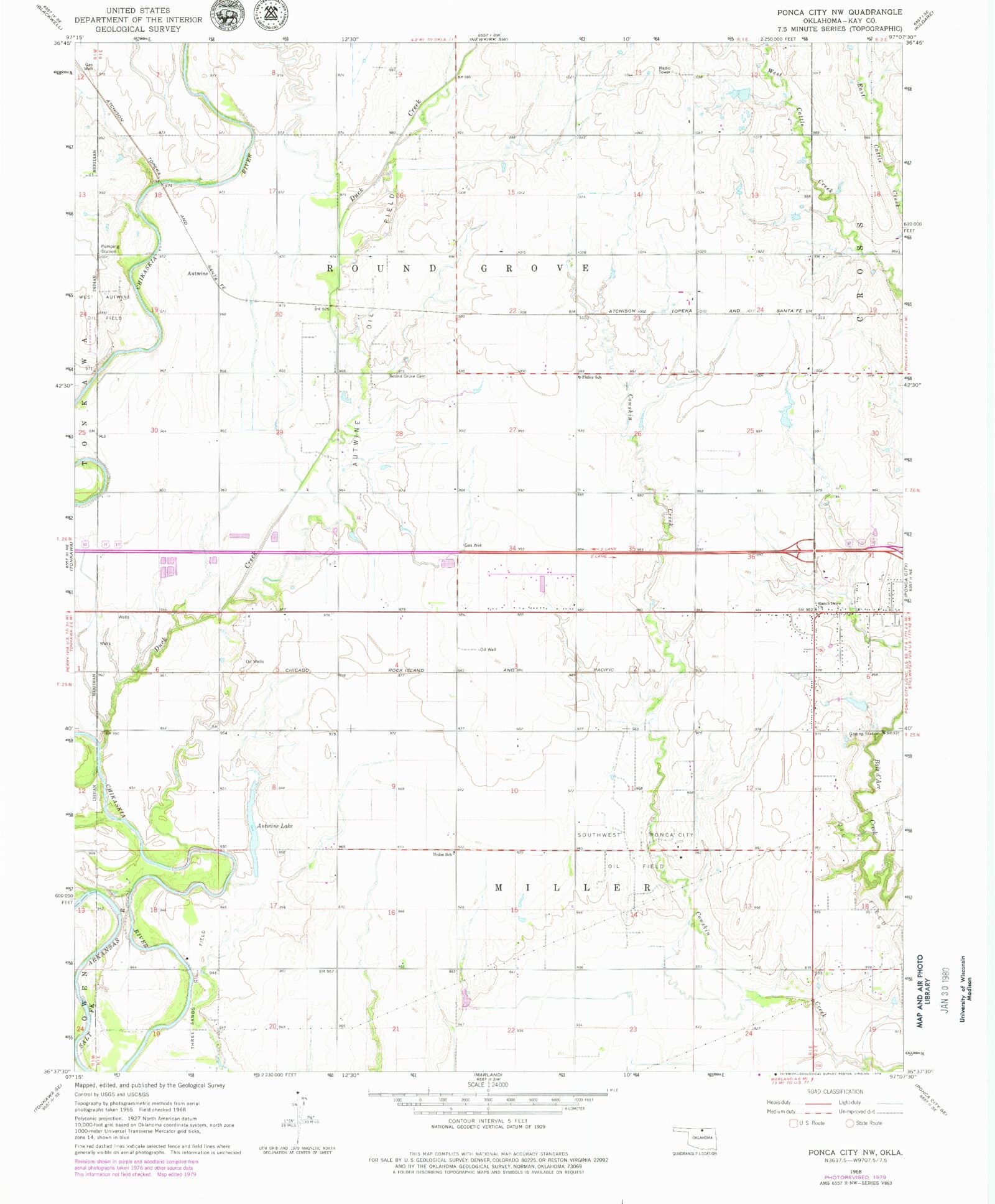 Classic USGS Ponca City NW Oklahoma 7.5'x7.5' Topo Map – MyTopo Map Store