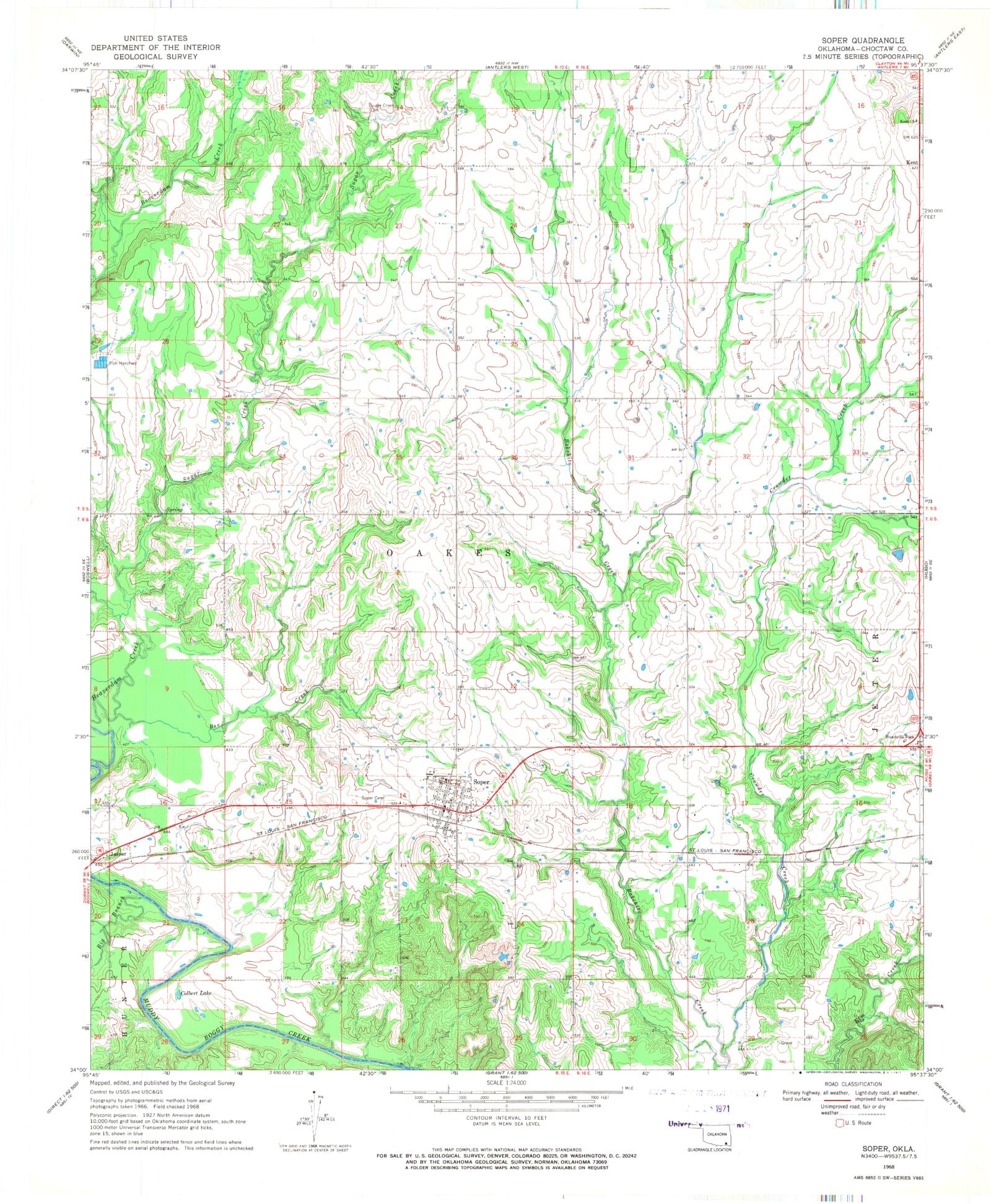 Classic USGS Soper Oklahoma 7.5'x7.5' Topo Map – MyTopo Map Store
