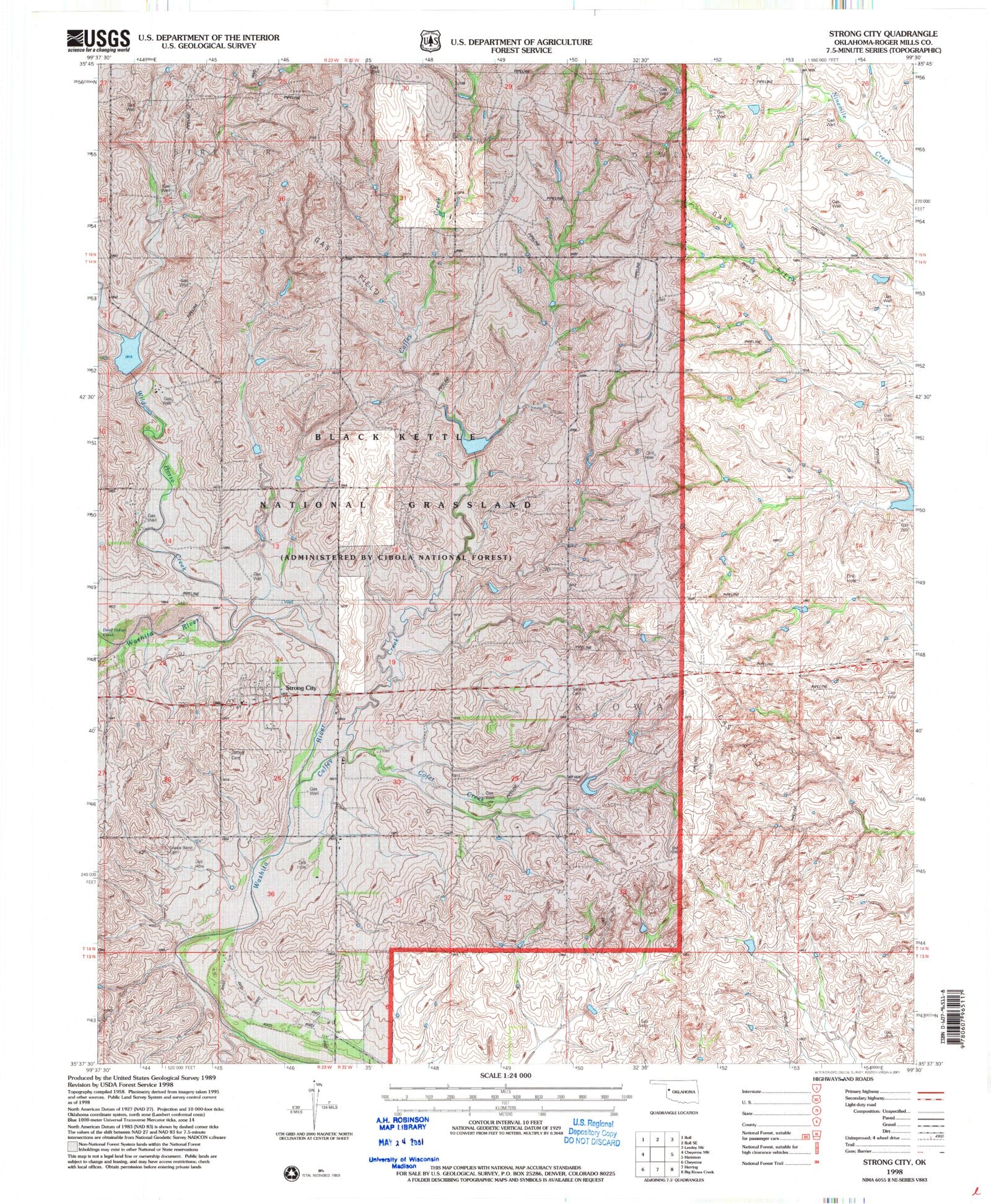 Classic USGS Strong City Oklahoma 7.5'x7.5' Topo Map – MyTopo Map Store