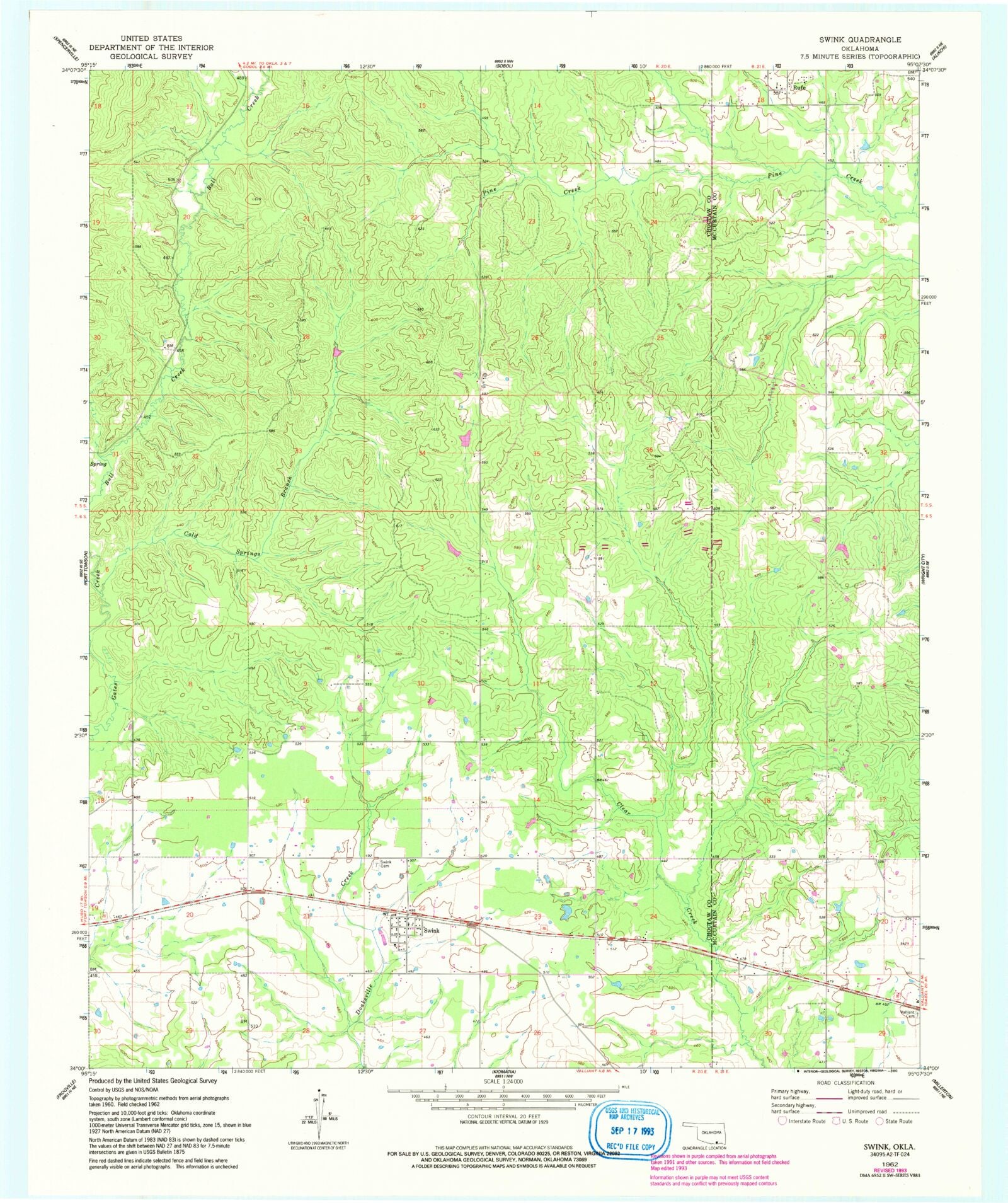 Classic USGS Swink Oklahoma 7.5'x7.5' Topo Map – MyTopo Map Store