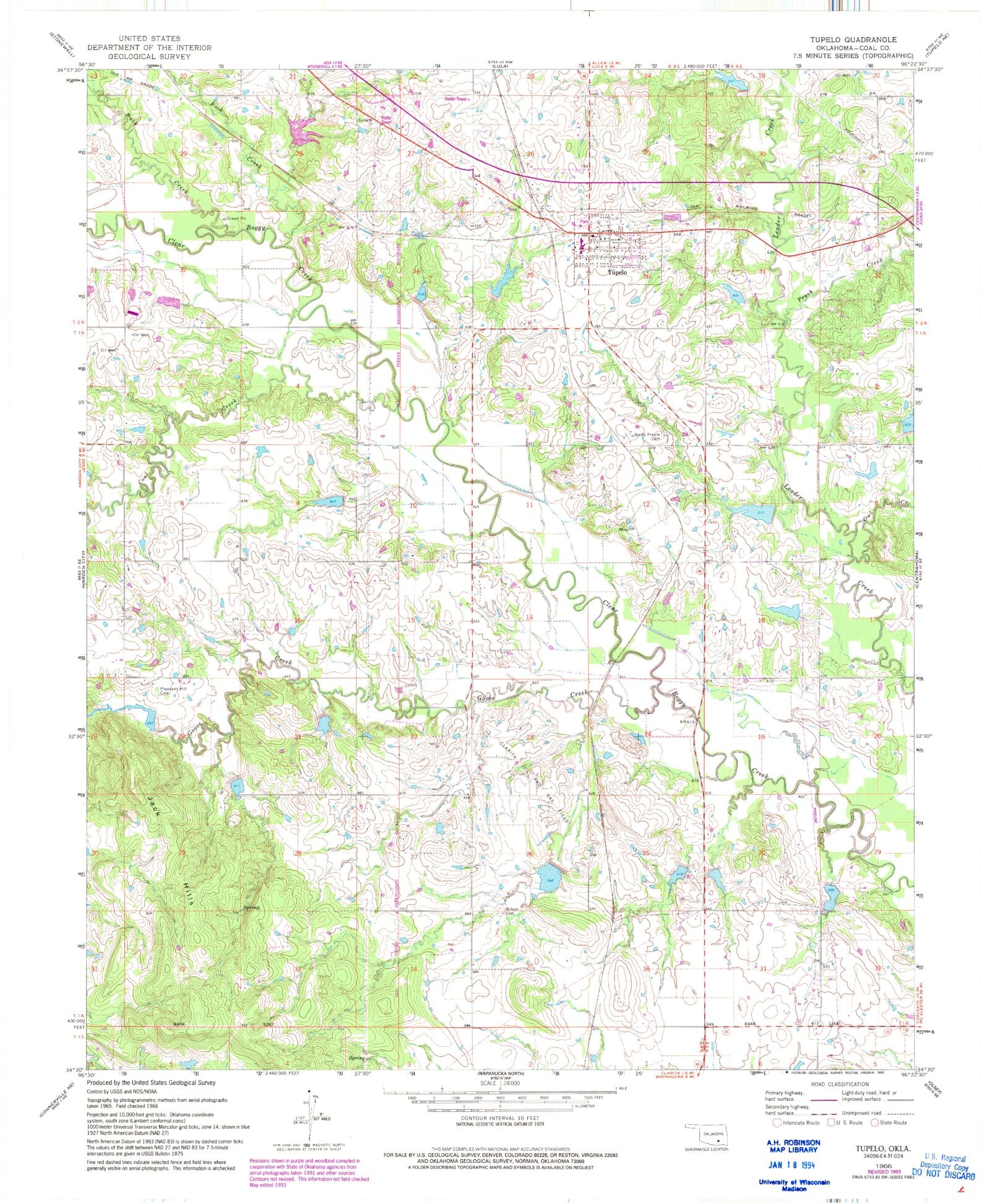 Classic USGS Tupelo Oklahoma 7.5'x7.5' Topo Map – MyTopo Map Store