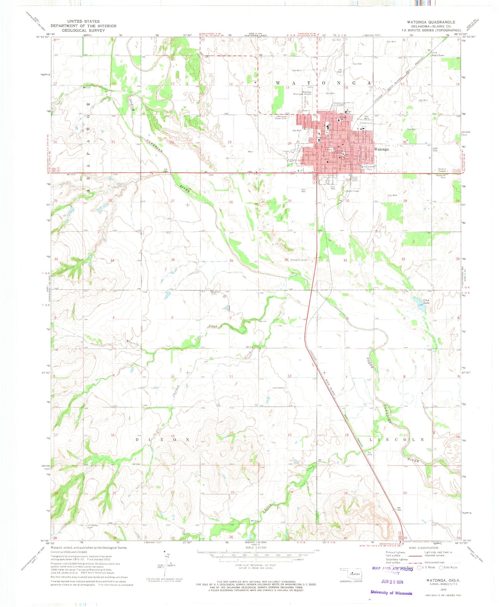Classic USGS Watonga Oklahoma 7.5'x7.5' Topo Map – MyTopo Map Store