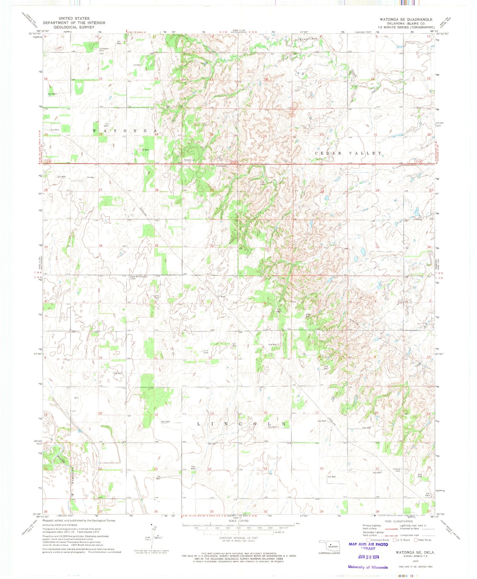 Classic USGS Watonga SE Oklahoma 7.5'x7.5' Topo Map – MyTopo Map Store