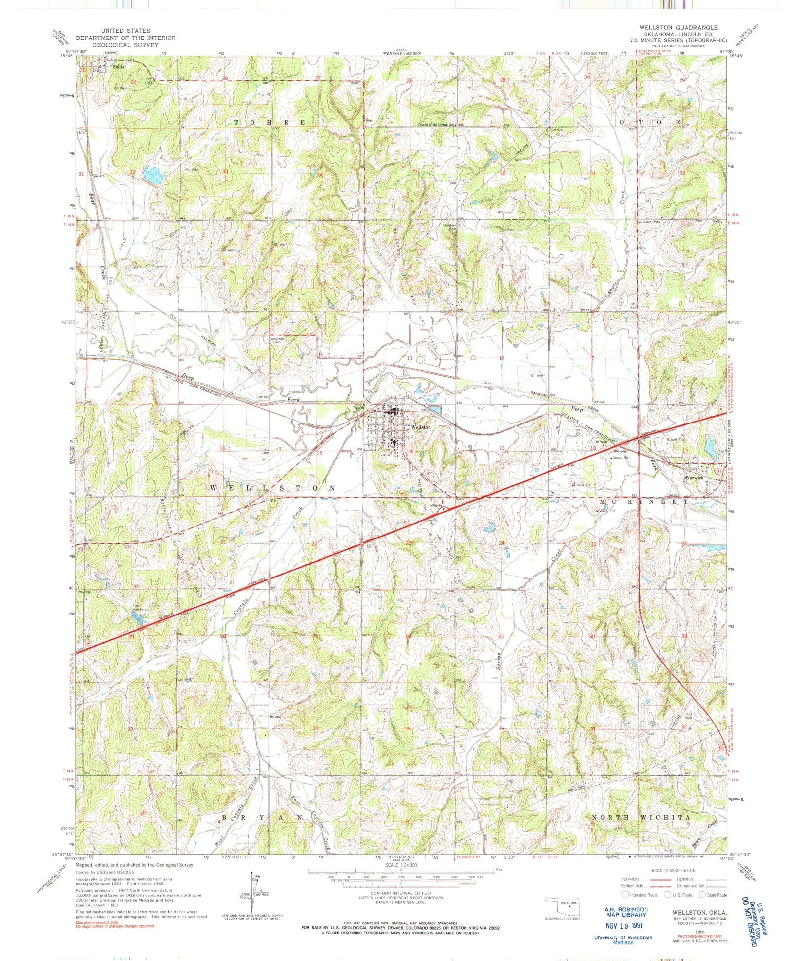 Classic USGS Wellston Oklahoma 7.5'x7.5' Topo Map – MyTopo Map Store