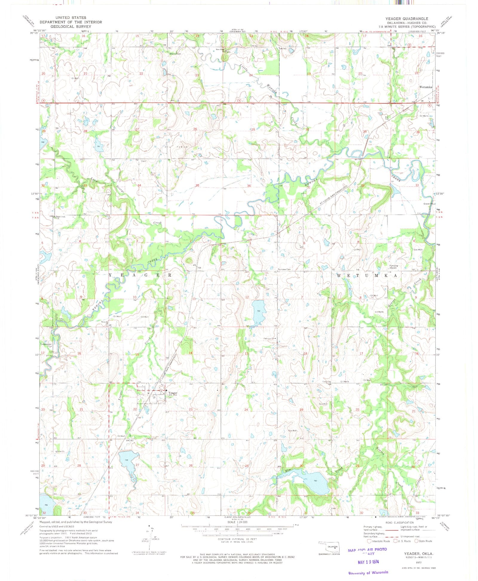 Classic USGS Yeager Oklahoma 7.5'x7.5' Topo Map – MyTopo Map Store