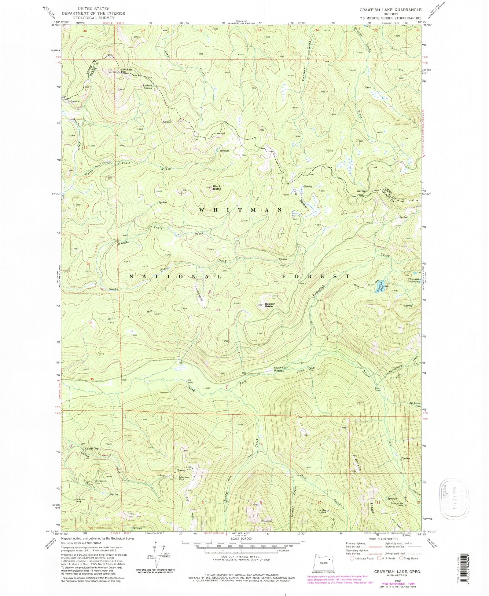 Classic USGS Crawfish Lake Oregon 7.5'x7.5' Topo Map – MyTopo Map Store