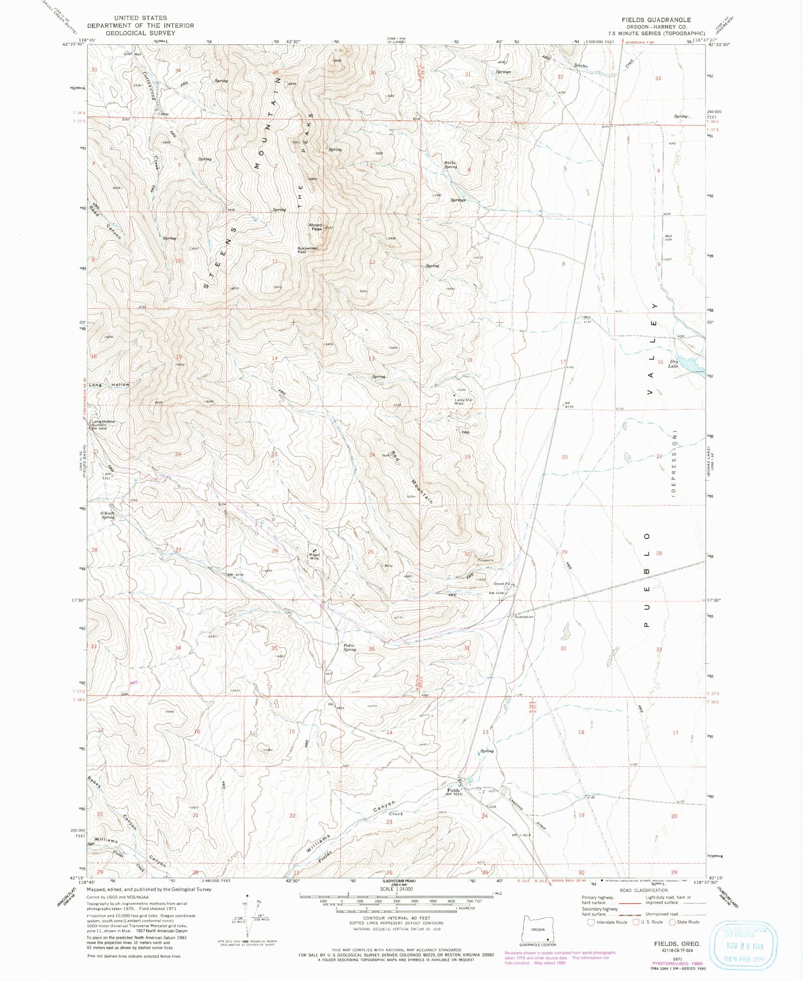 Classic USGS Fields Oregon 7.5'x7.5' Topo Map – MyTopo Map Store