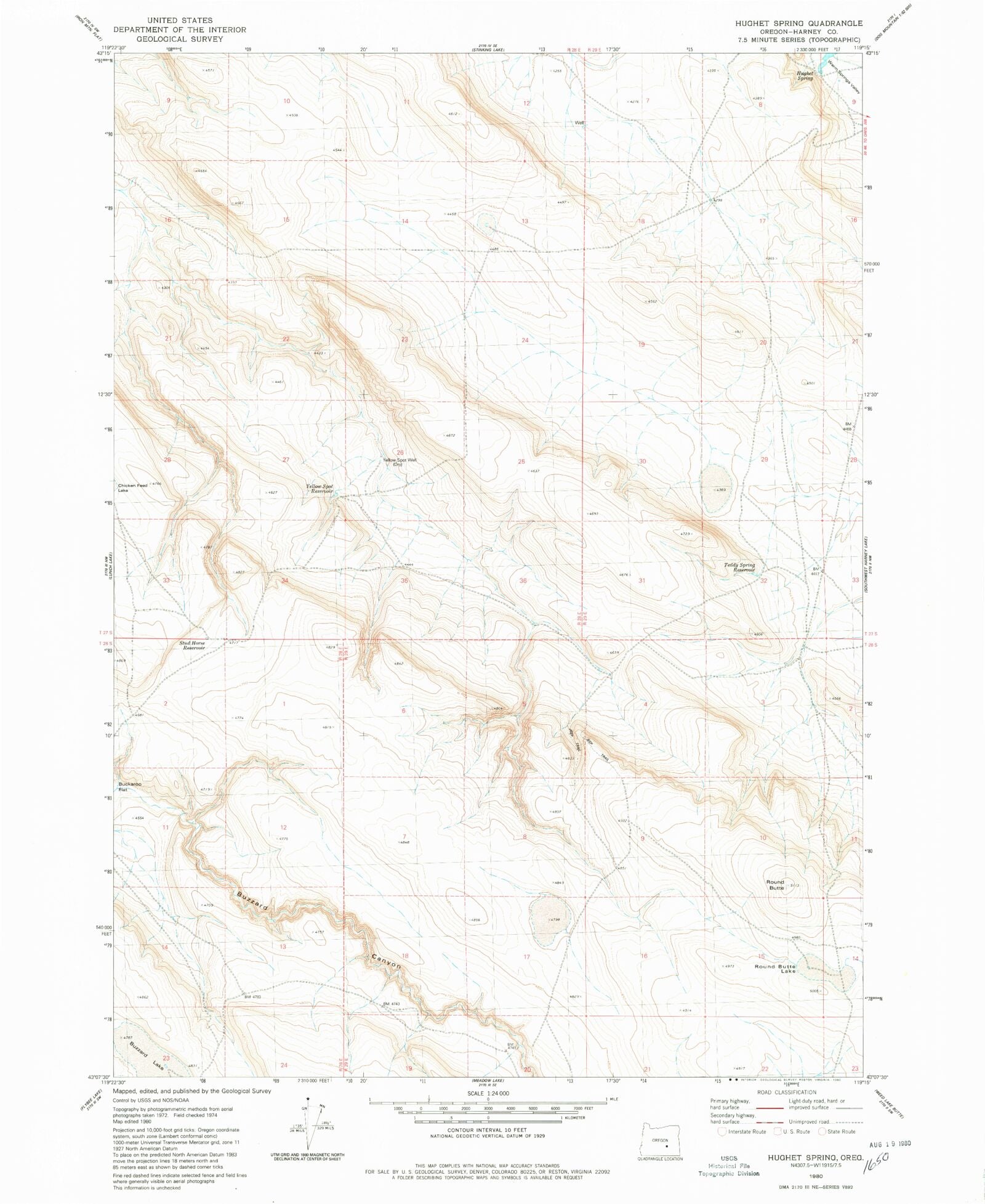 Classic USGS Hughet Spring Oregon 7.5'x7.5' Topo Map – MyTopo Map Store