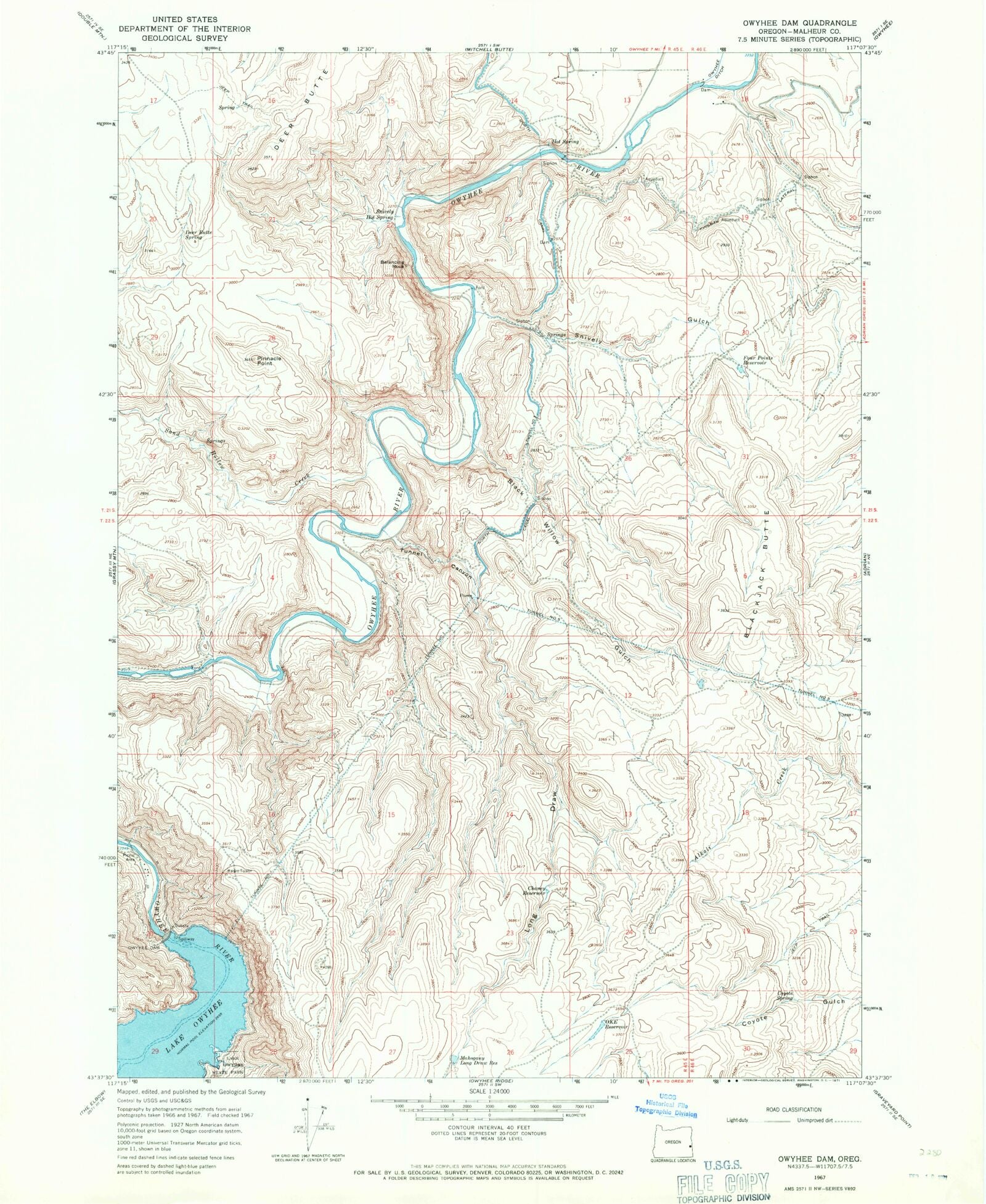 Classic USGS Owyhee Dam Oregon 7.5'x7.5' Topo Map – MyTopo Map Store