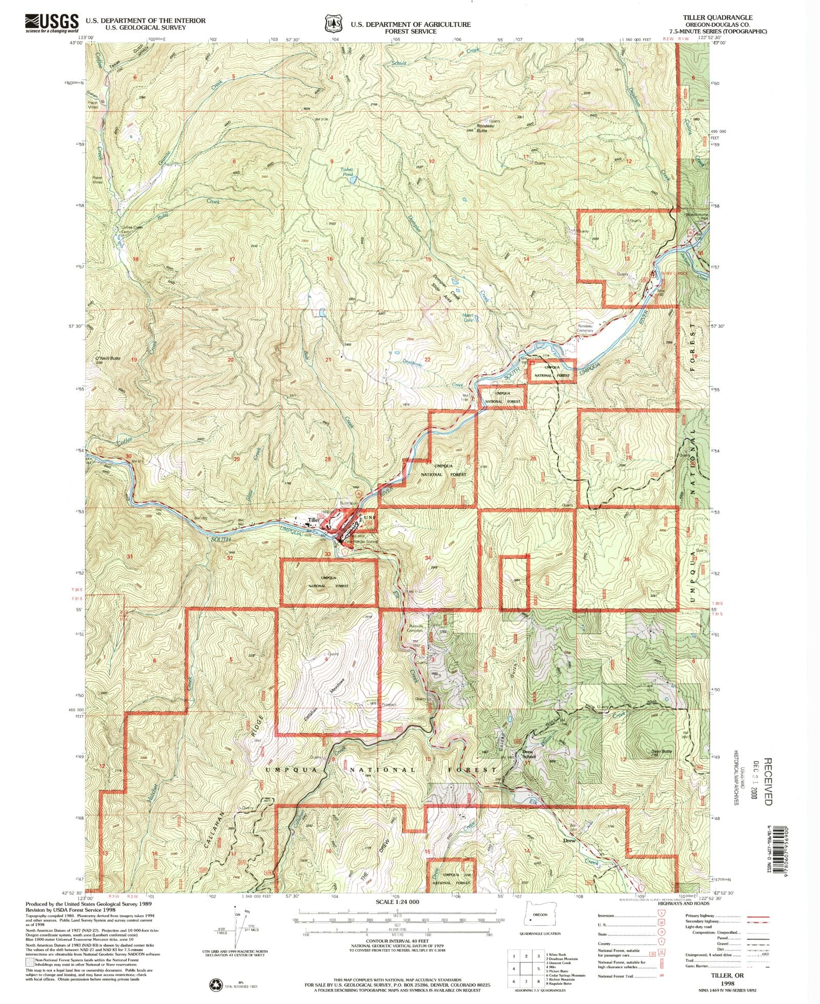 Classic USGS Tiller Oregon 7.5'x7.5' Topo Map – MyTopo Map Store