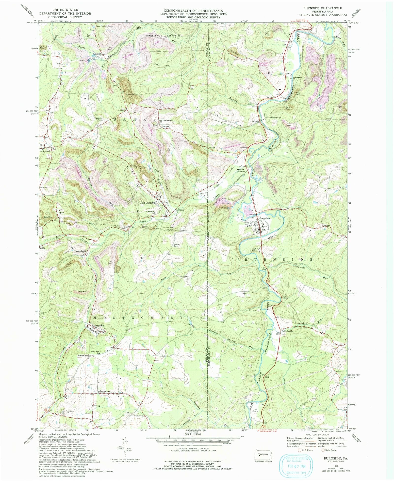 Classic USGS Burnside Pennsylvania 7.5'x7.5' Topo Map – MyTopo Map Store