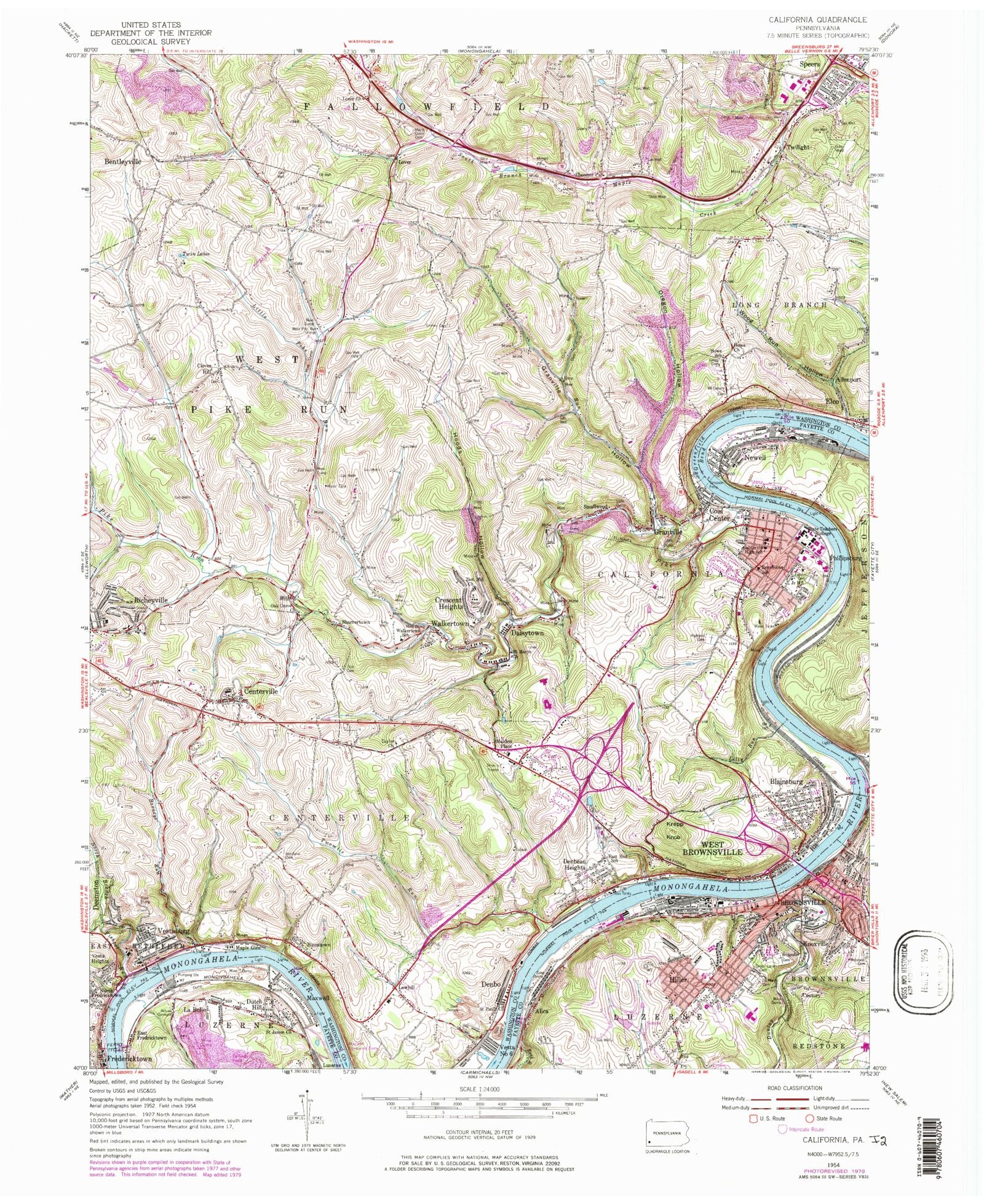 Classic USGS California Pennsylvania 7.5'x7.5' Topo Map – MyTopo Map Store