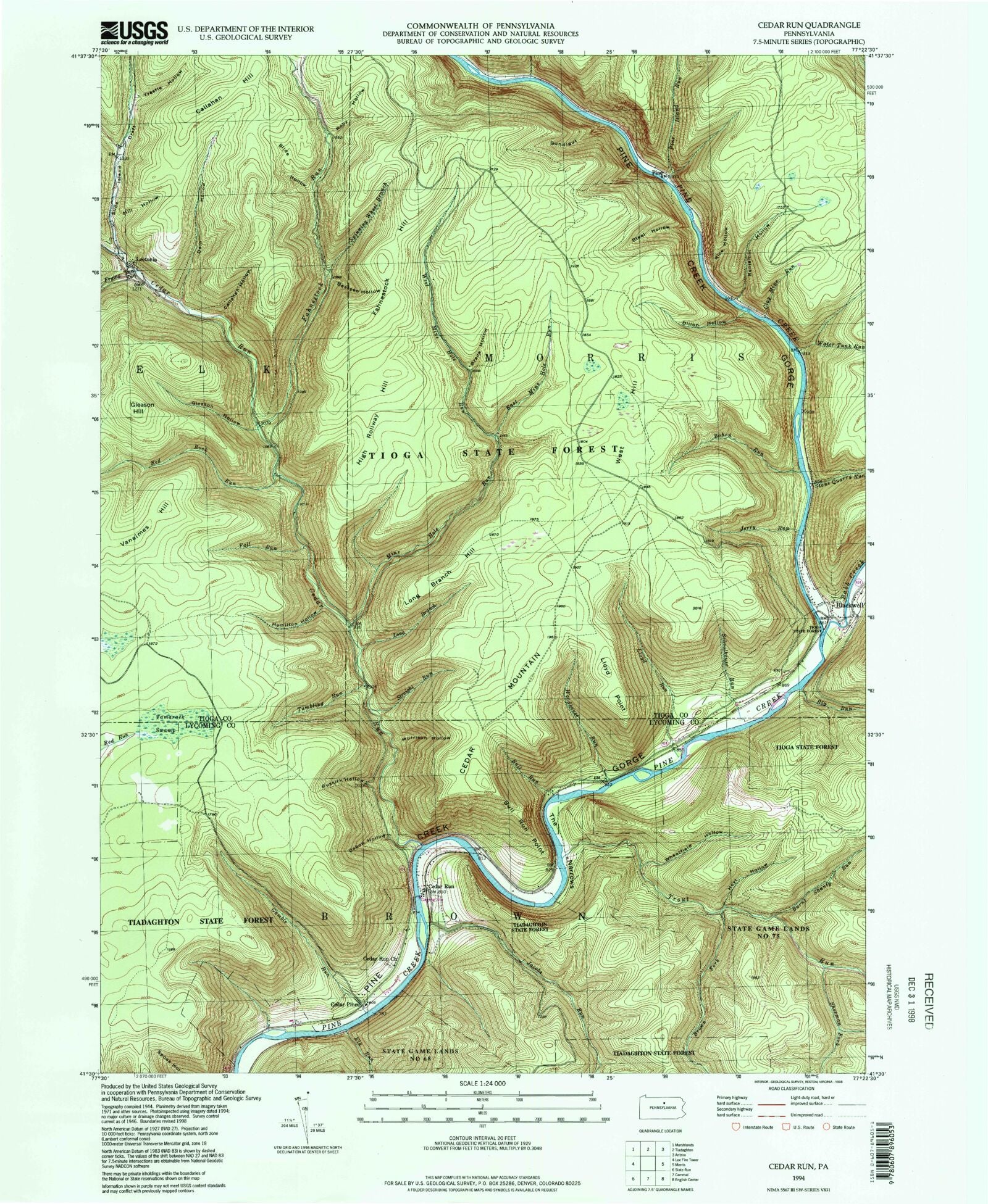 Classic USGS Cedar Run Pennsylvania 7.5'x7.5' Topo Map – MyTopo Map Store