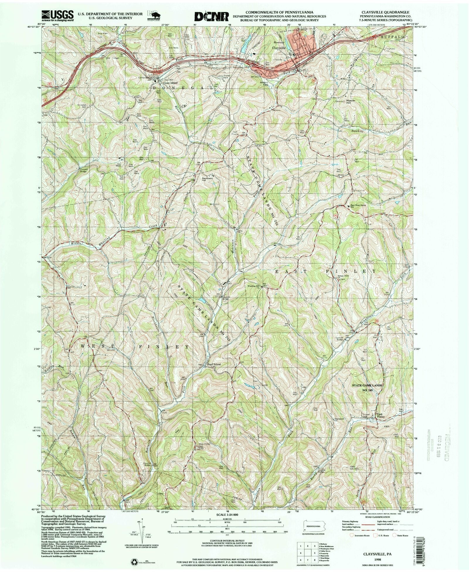 Classic USGS Claysville Pennsylvania 7.5'x7.5' Topo Map – MyTopo Map Store