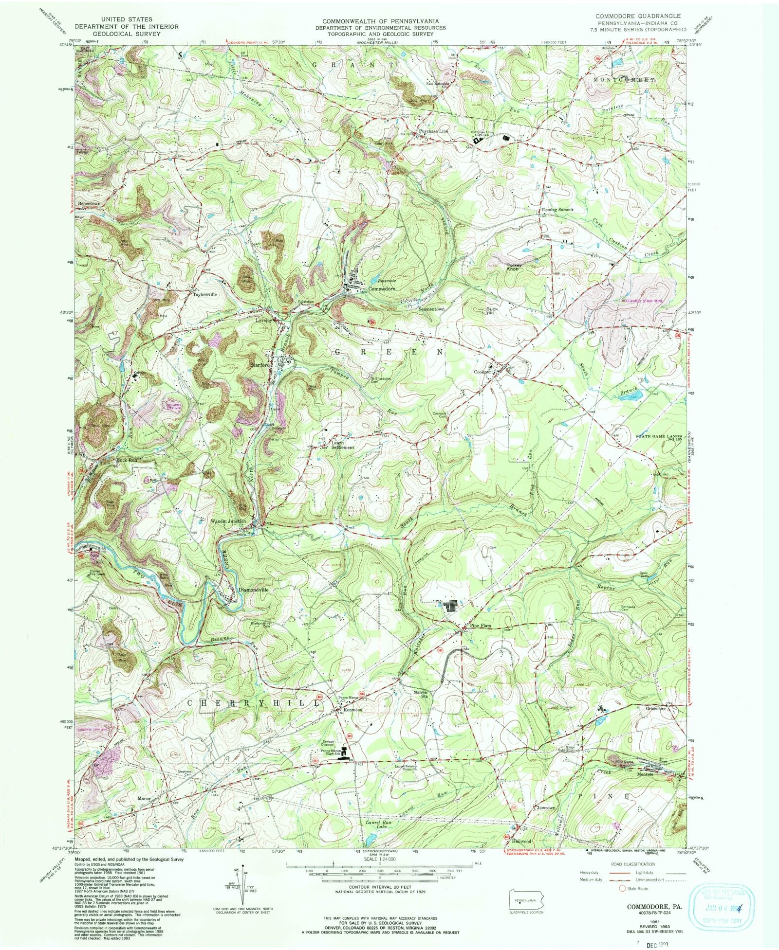 Classic USGS Commodore Pennsylvania 7.5'x7.5' Topo Map – MyTopo Map Store