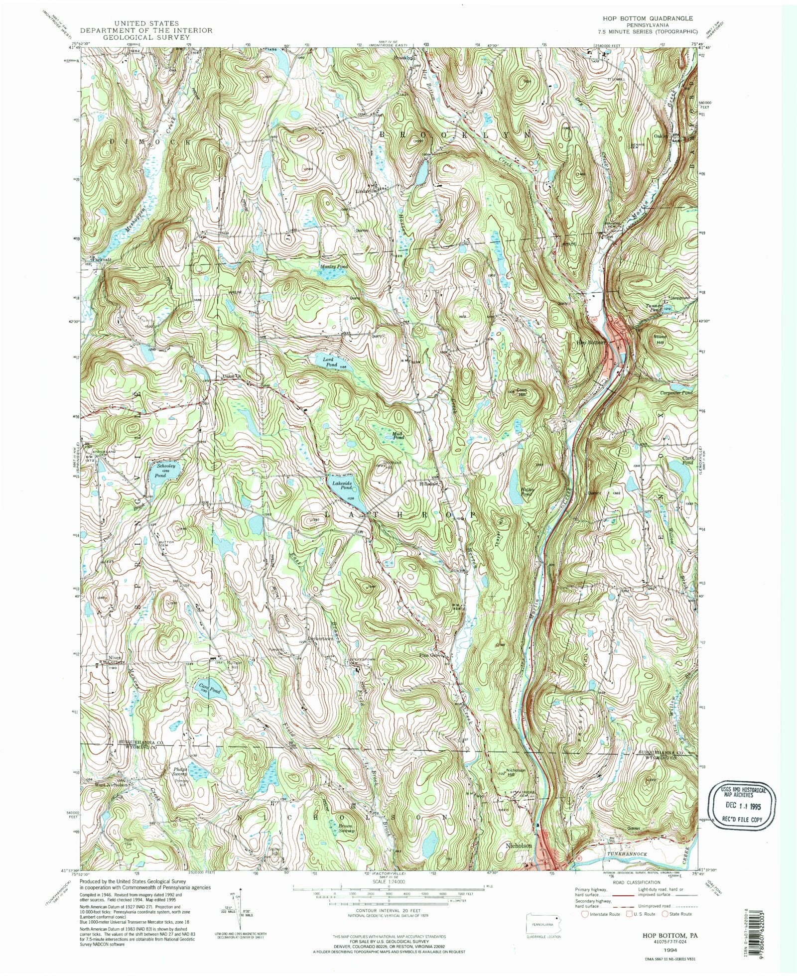 Classic USGS Hop Bottom Pennsylvania 7.5'x7.5' Topo Map – MyTopo Map Store