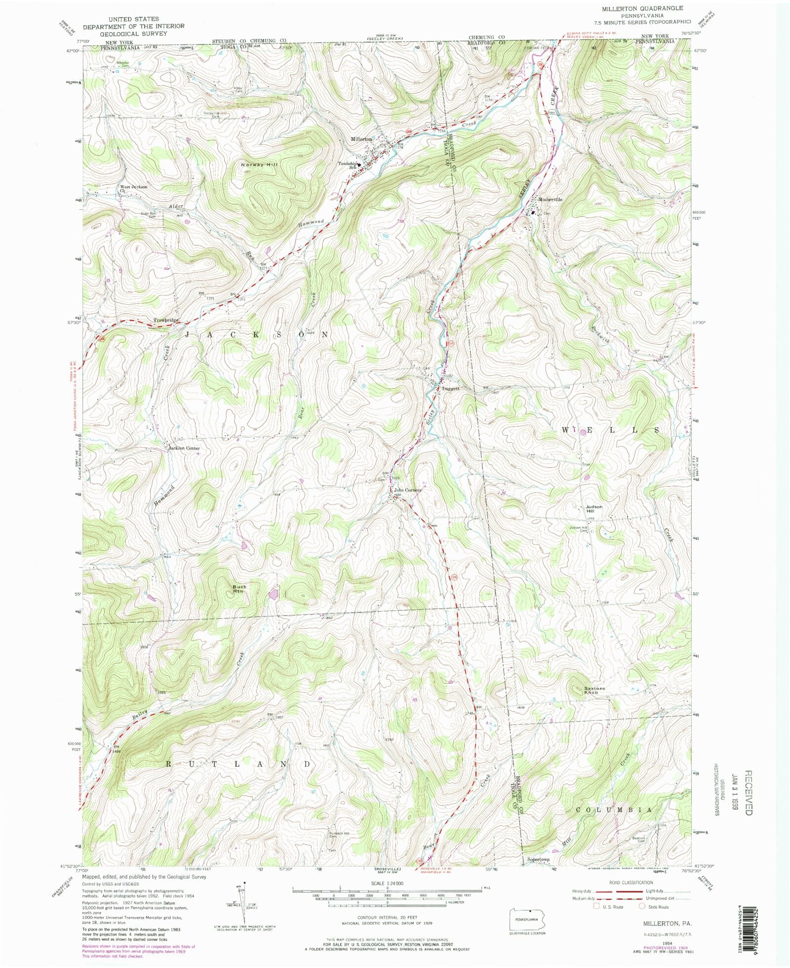 Classic USGS Millerton Pennsylvania 7.5'x7.5' Topo Map – MyTopo Map Store
