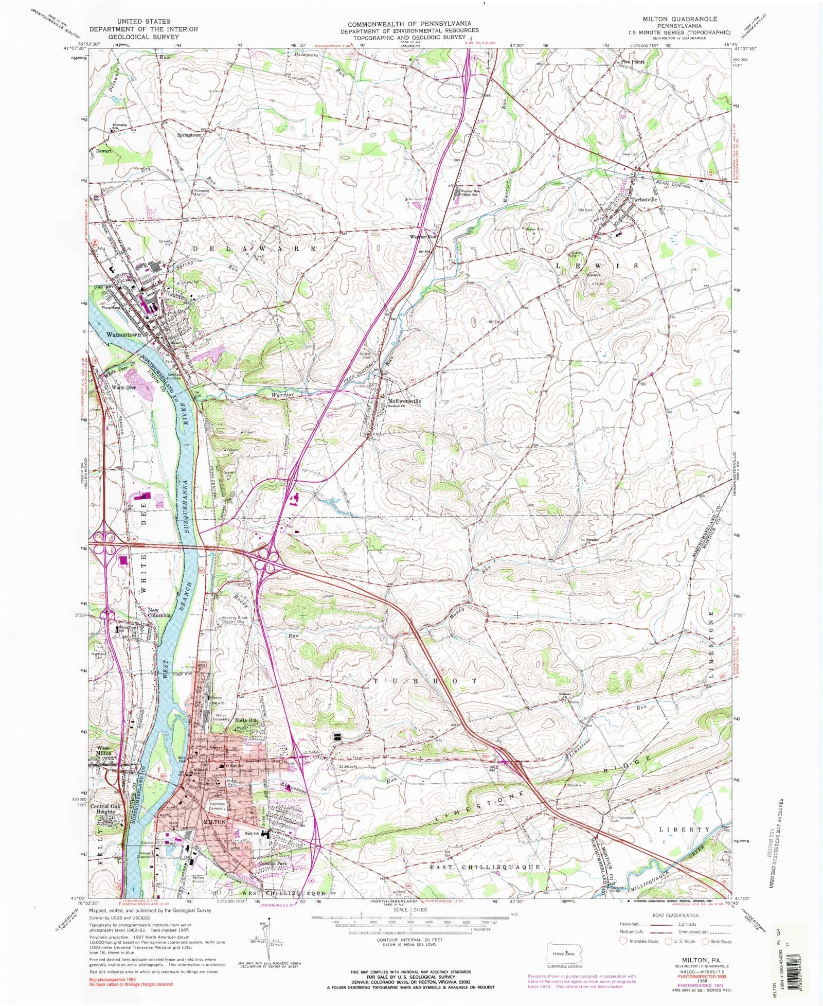 Classic USGS Milton Pennsylvania 7.5'x7.5' Topo Map – MyTopo Map Store