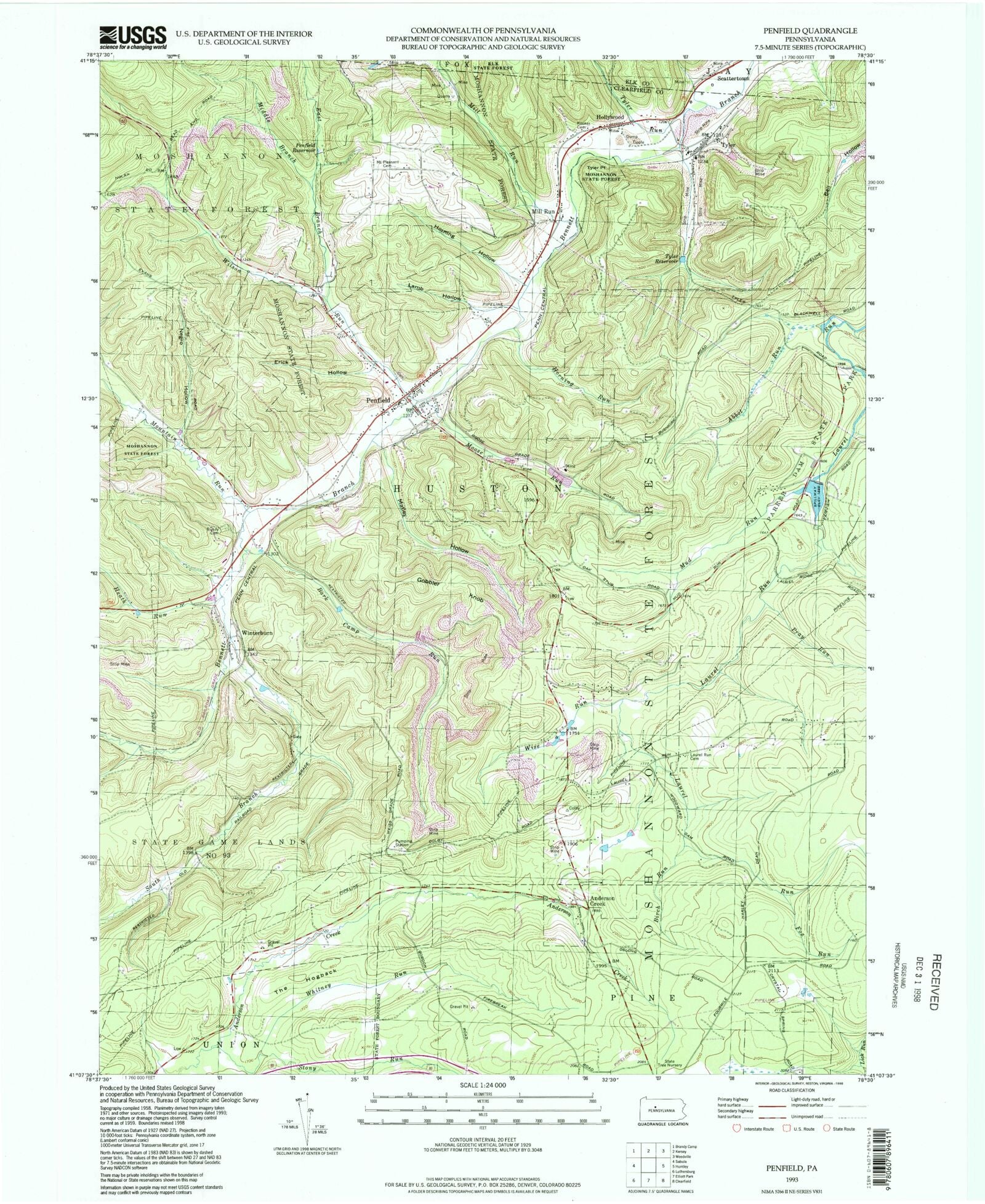 Classic USGS Penfield Pennsylvania 7.5'x7.5' Topo Map – MyTopo Map Store