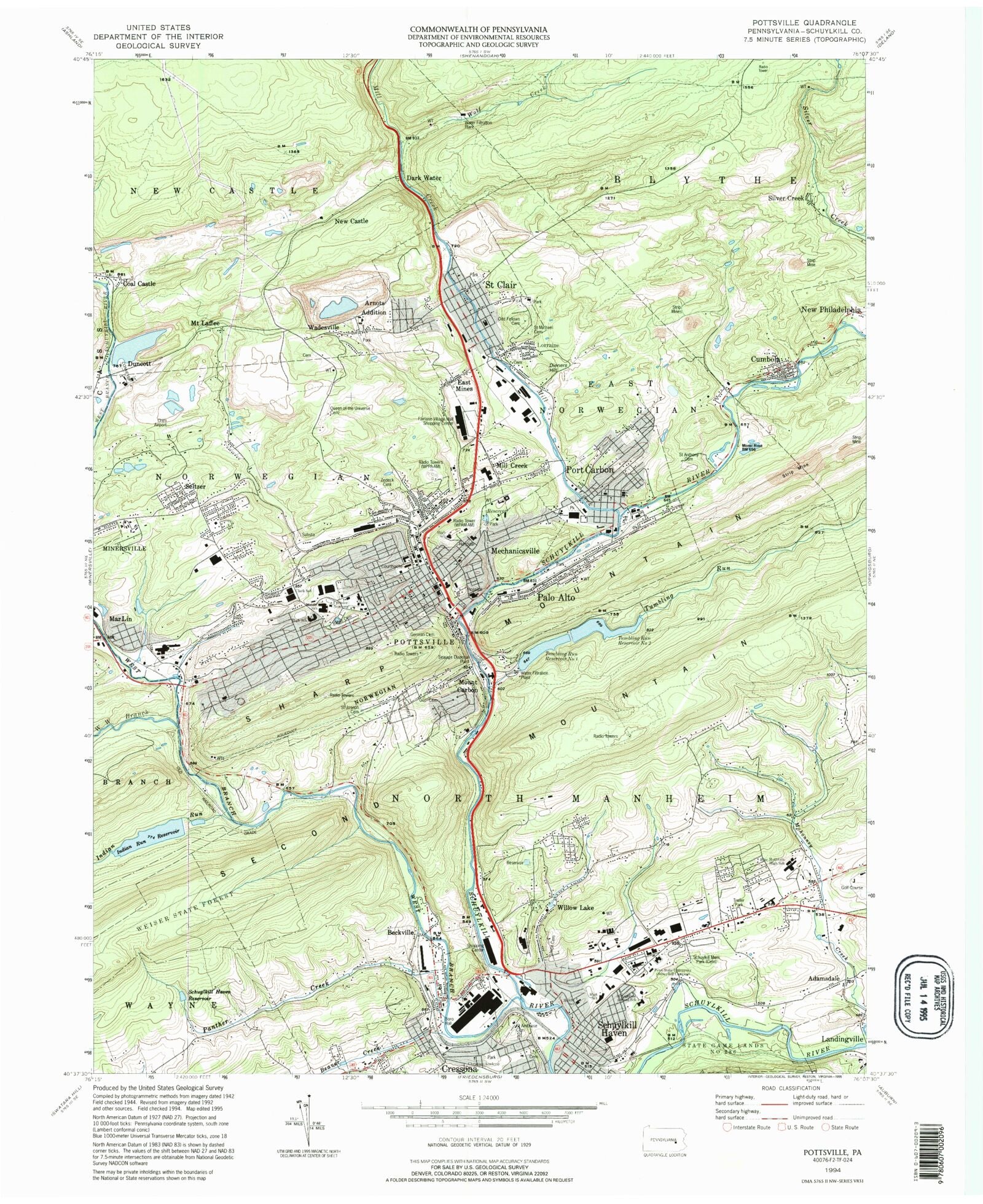Classic USGS Pottsville Pennsylvania 7.5'x7.5' Topo Map – MyTopo Map Store