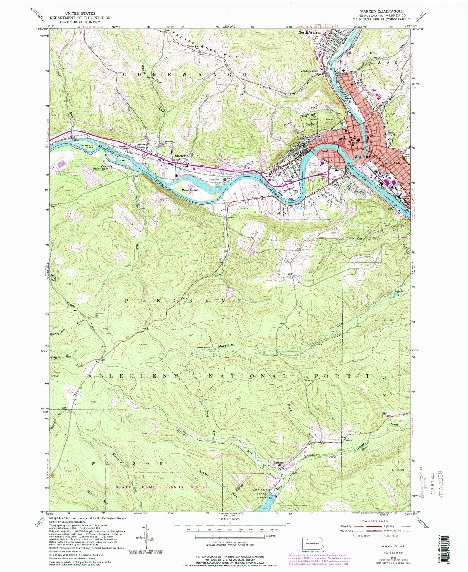 Classic USGS Warren Pennsylvania 7.5'x7.5' Topo Map – MyTopo Map Store