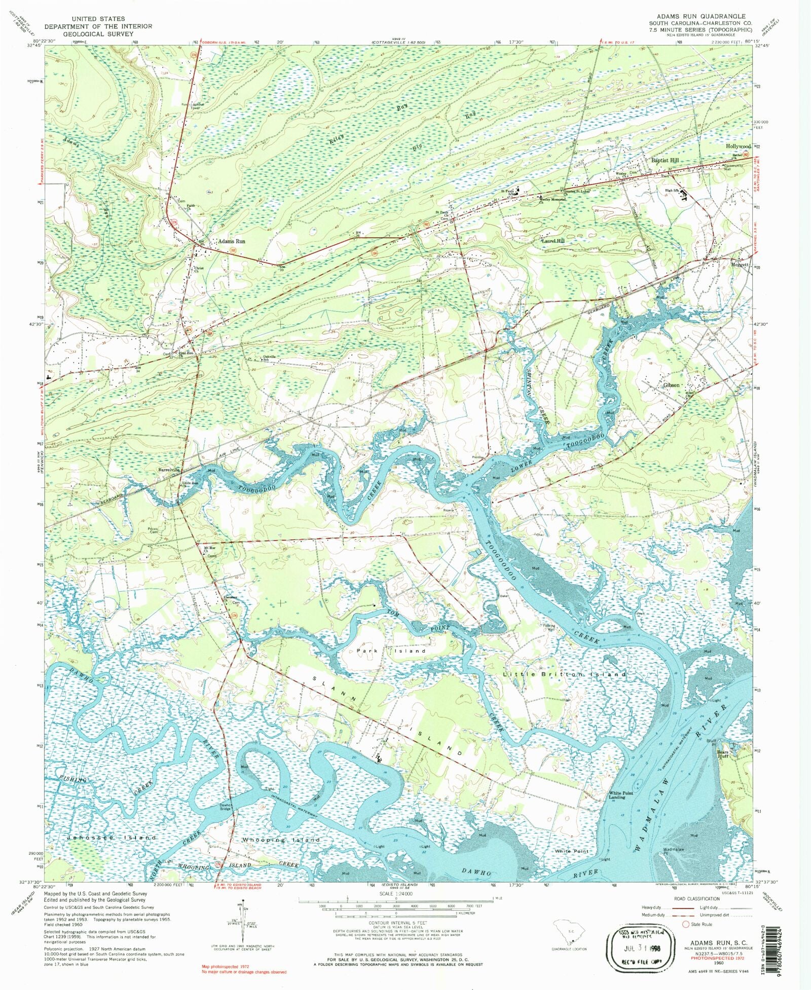 Classic USGS Adams Run South Carolina 7.5'x7.5' Topo Map – MyTopo Map Store