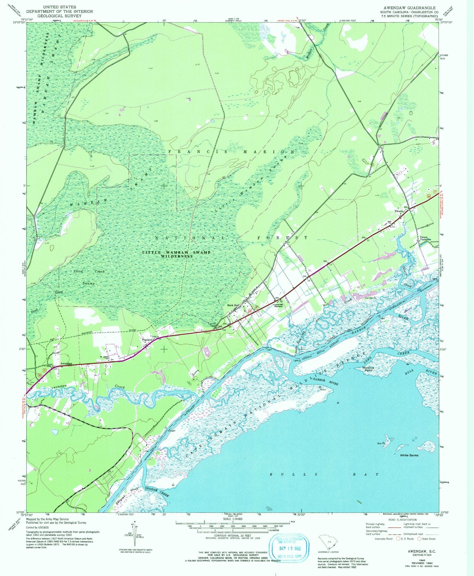Classic USGS Awendaw South Carolina 7.5'x7.5' Topo Map – MyTopo Map Store