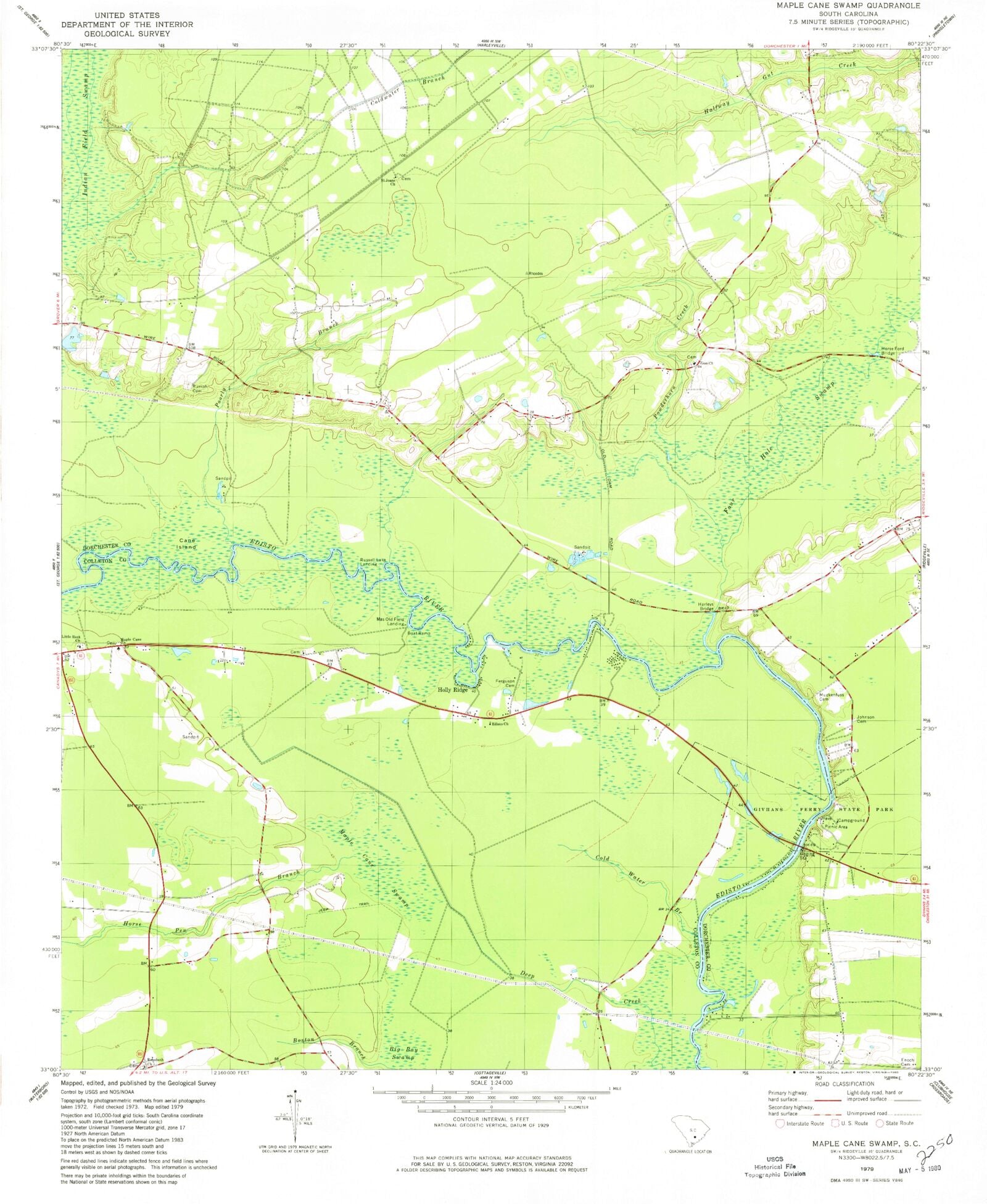 Classic USGS Maple Cane Swamp South Carolina 7.5'x7.5' Topo Map ...