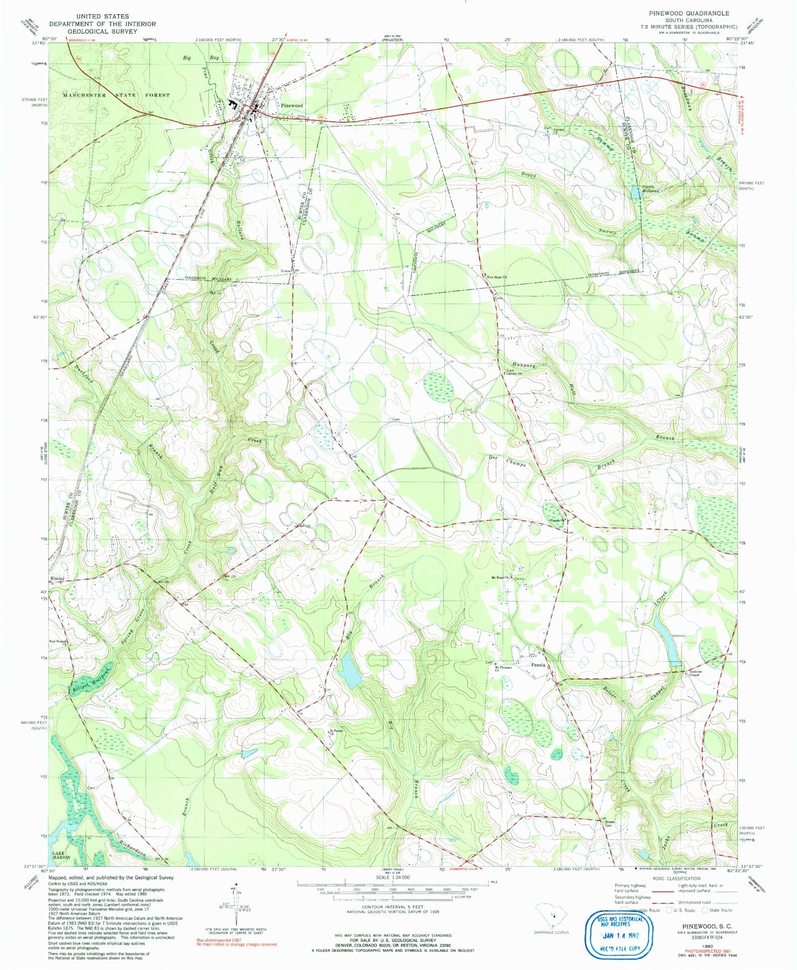 Classic USGS Pinewood South Carolina 7.5'x7.5' Topo Map – MyTopo Map Store