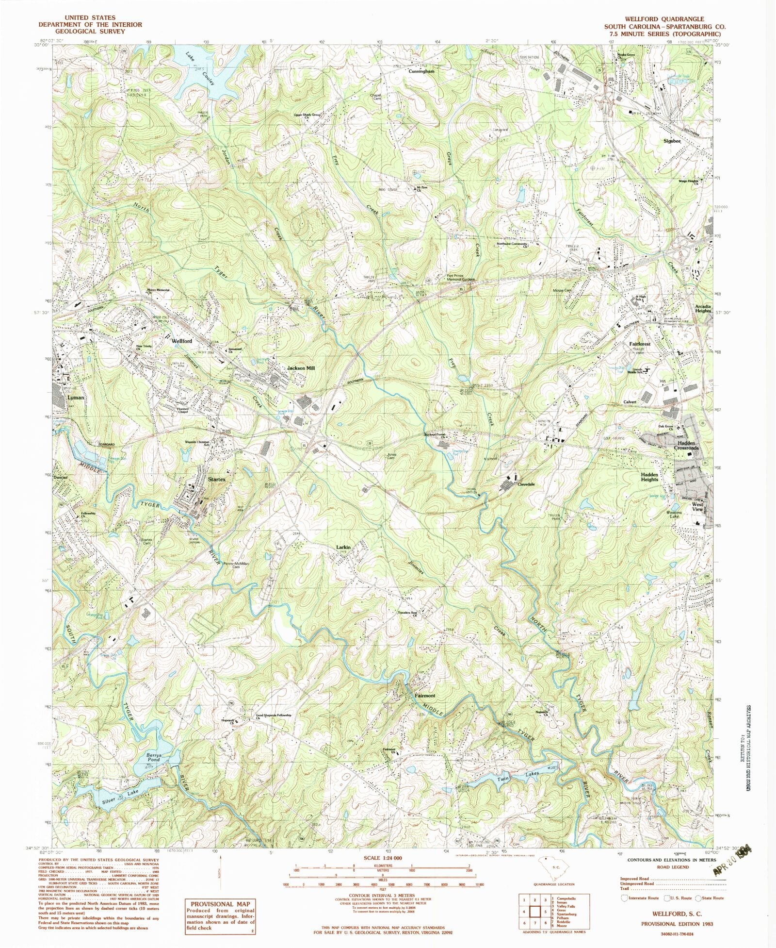 Classic USGS Wellford South Carolina 7.5'x7.5' Topo Map – MyTopo Map Store