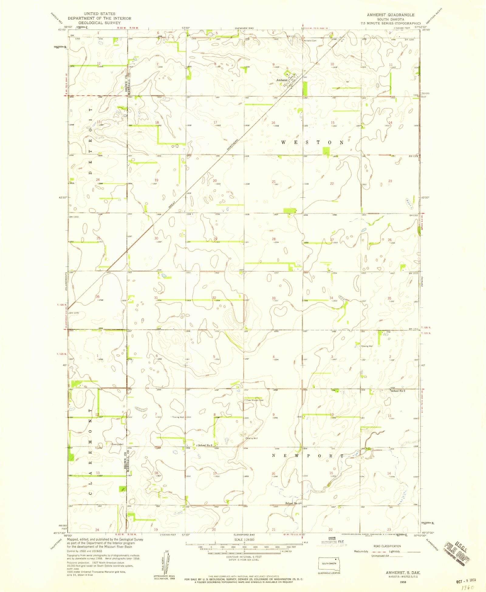 Classic USGS Amherst South Dakota 7.5'x7.5' Topo Map – MyTopo Map Store