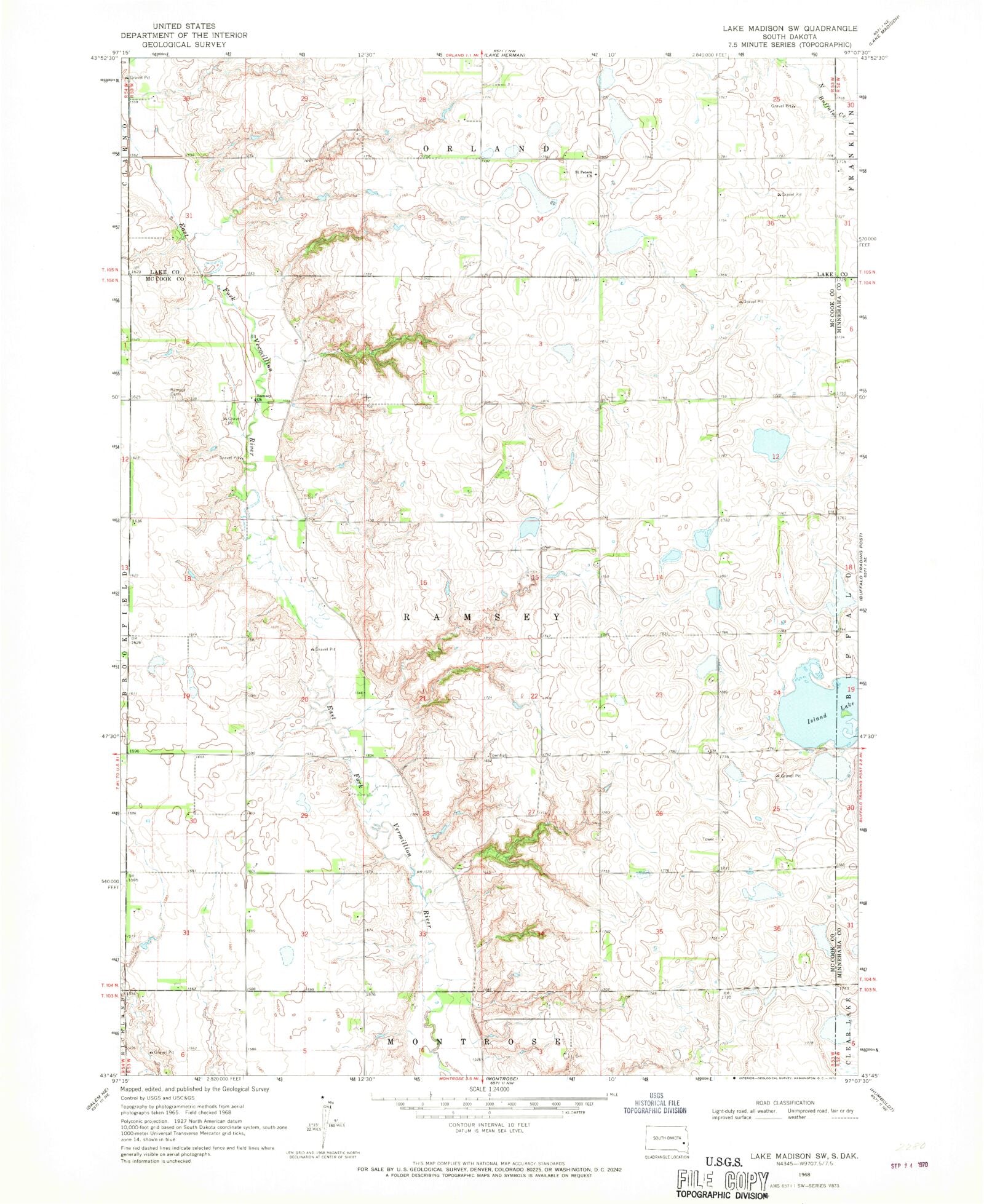 Classic USGS Lake Madison SW South Dakota 7.5'x7.5' Topo Map – MyTopo ...