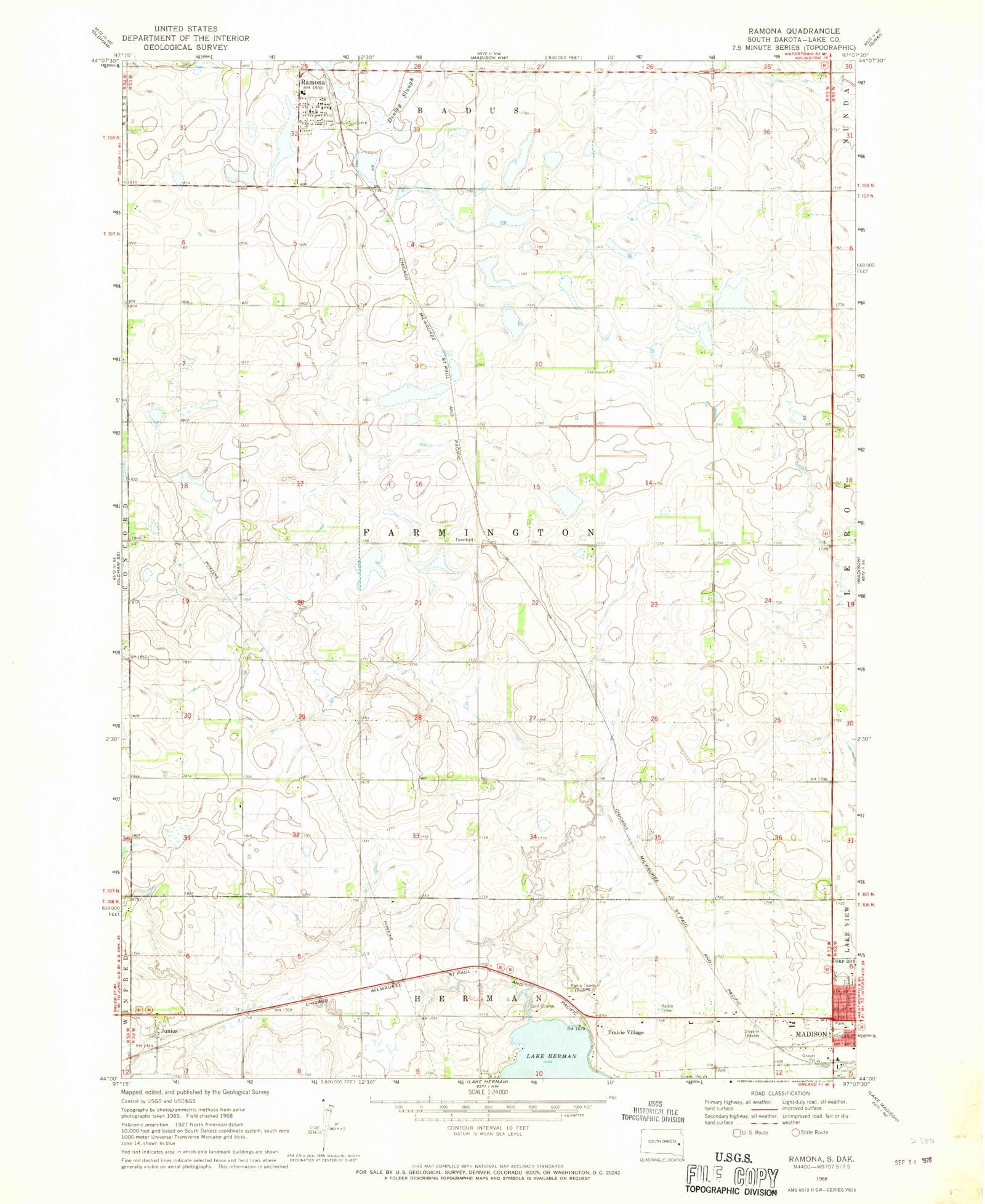 Classic USGS Ramona South Dakota 7.5'x7.5' Topo Map – MyTopo Map Store