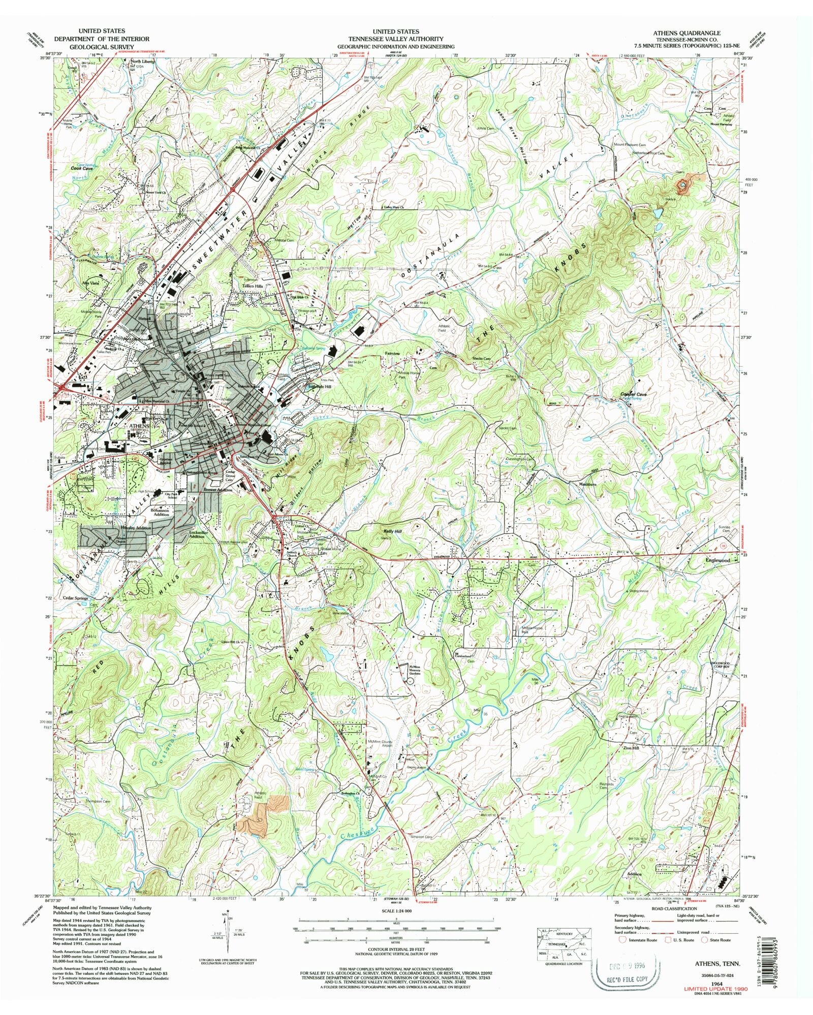 Classic USGS Athens Tennessee 7.5'x7.5' Topo Map – MyTopo Map Store