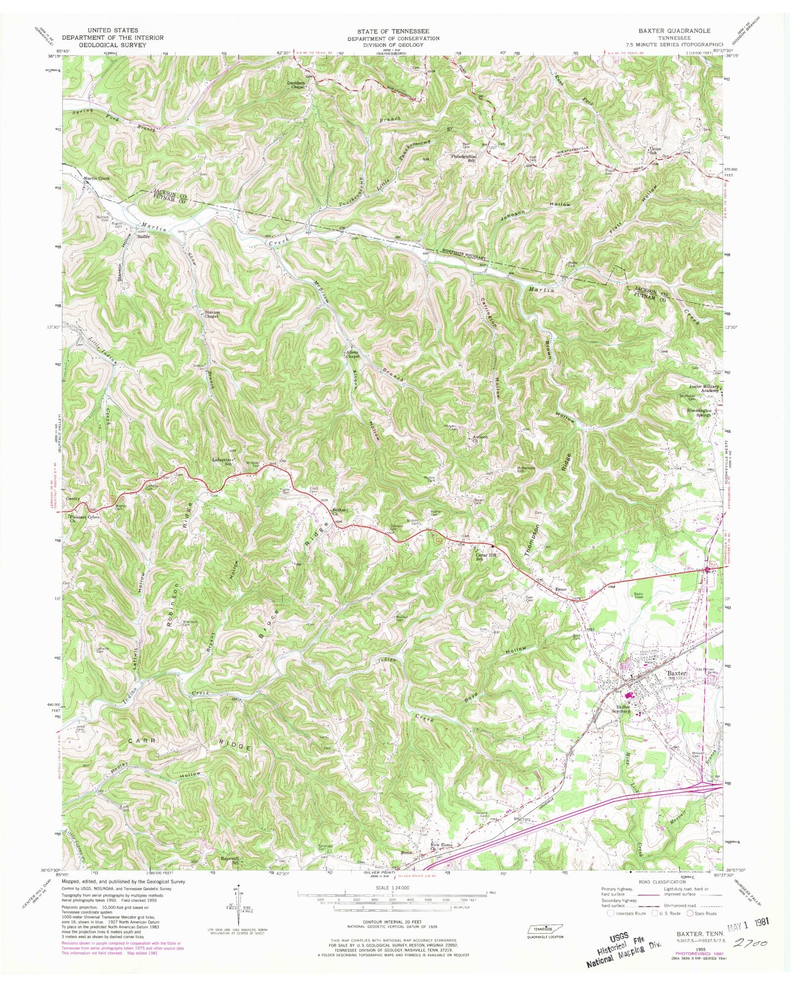 Classic USGS Baxter Tennessee 7.5'x7.5' Topo Map – MyTopo Map Store